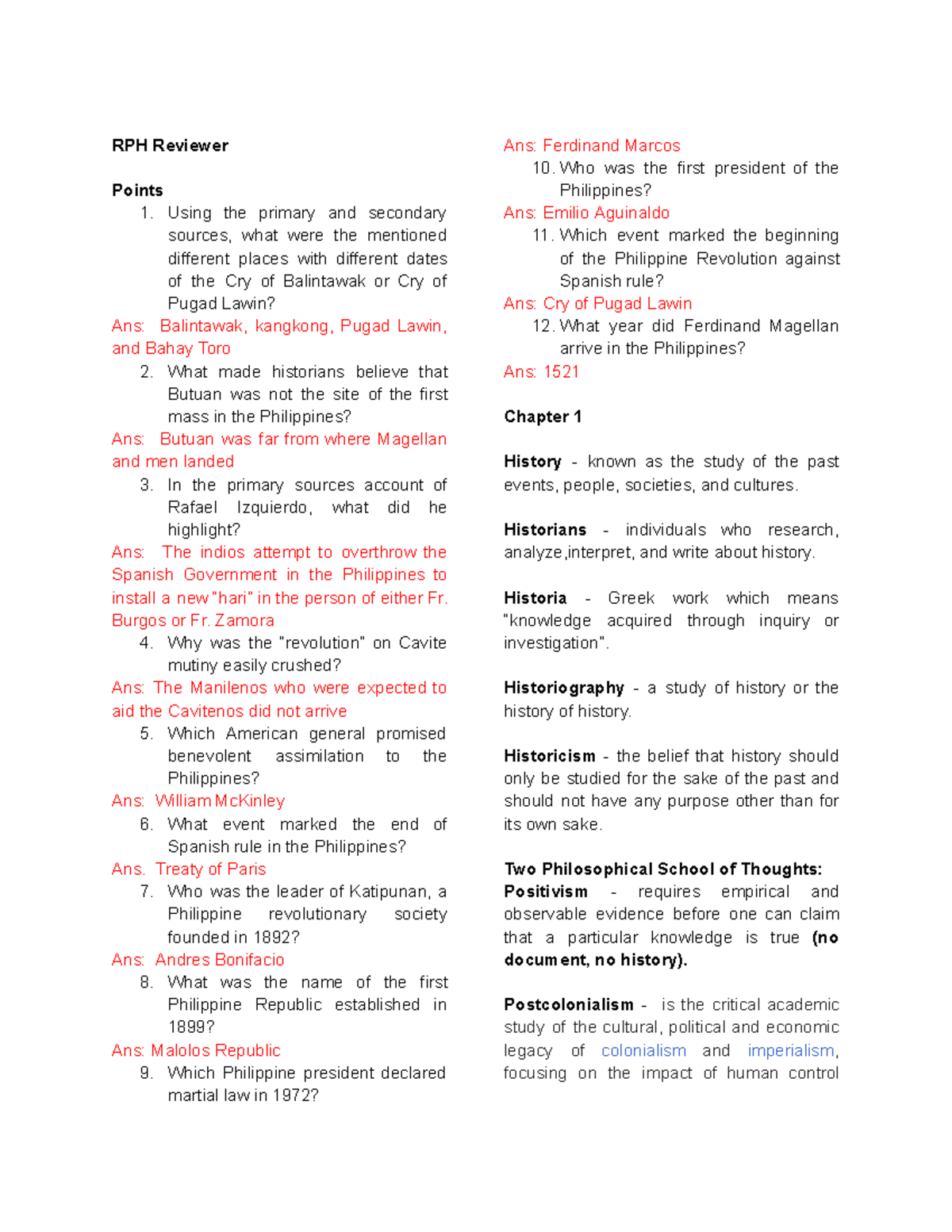 RPH Transes - RPH Reviewer Points 1. Using the primary and secondary ...