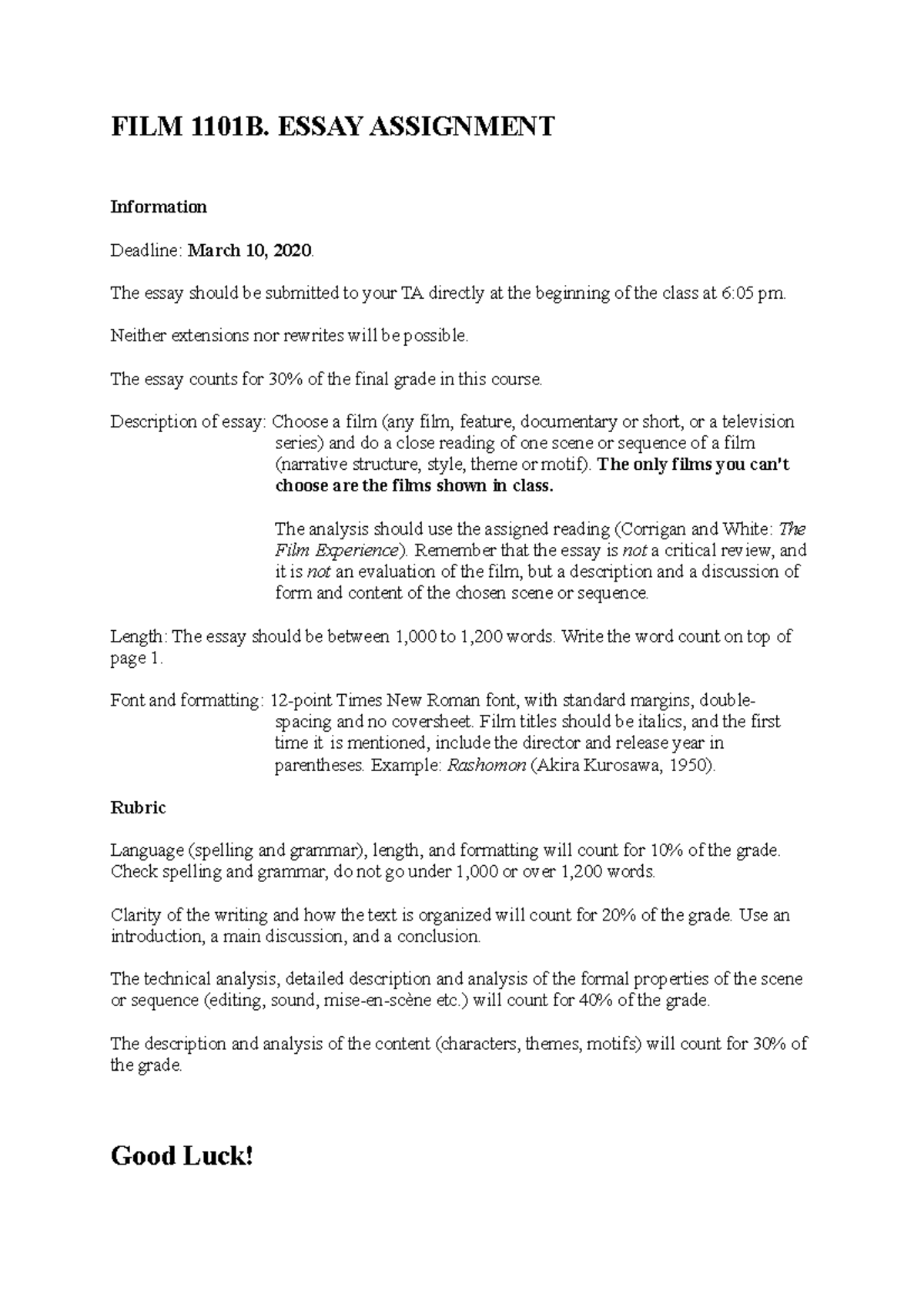 Essay-Info and Rubric - FILM 1101B. ESSAY ASSIGNMENT Information ...