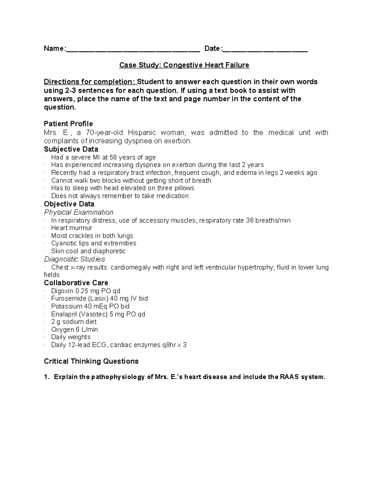 Congestive Heart Failure case study - Name ...