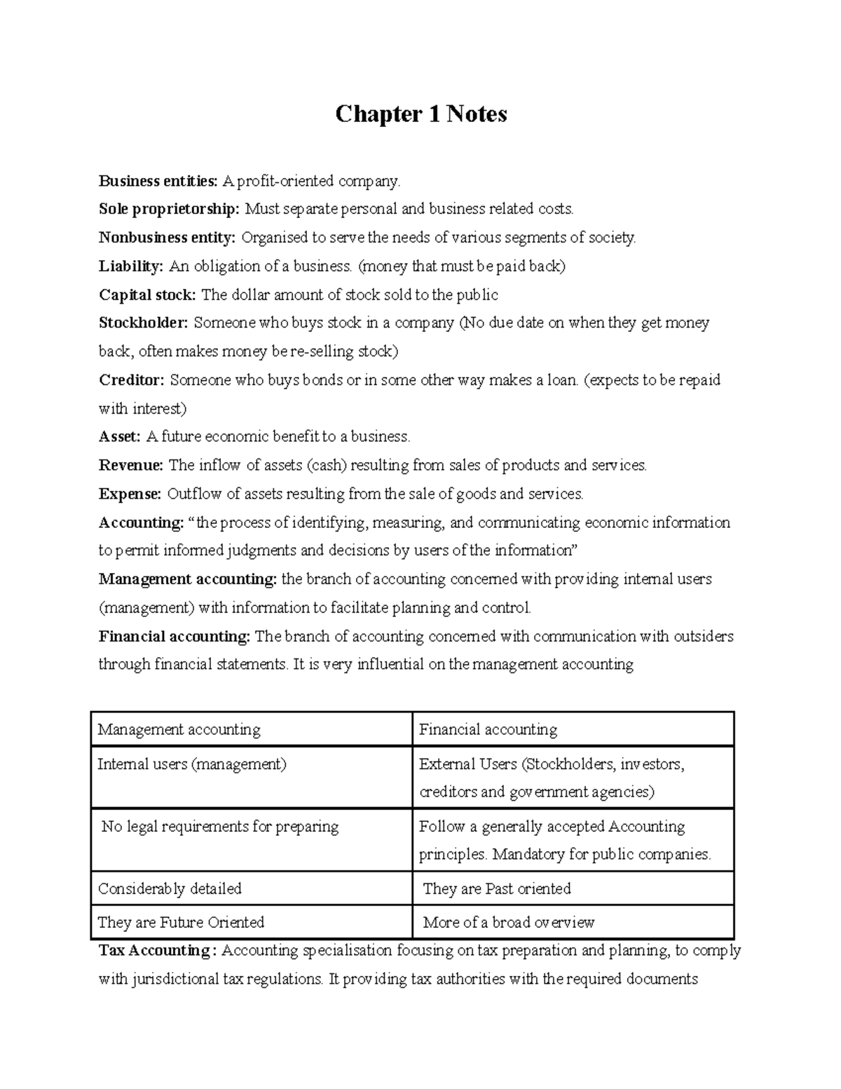 Basic Financial Accounting Notes - Chapter 1 Notes Business entities: A ...