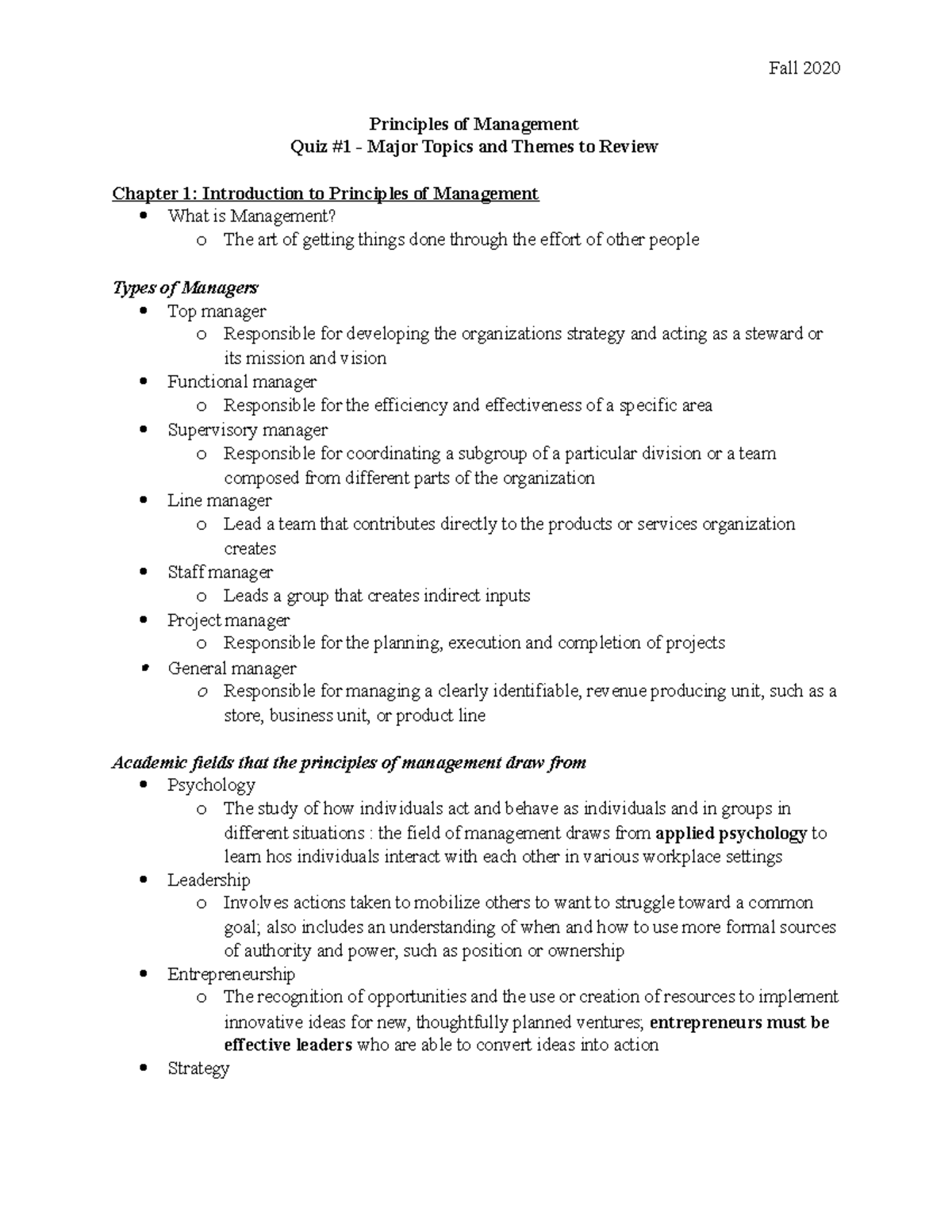 Quiz #1 Review - Lecture notes Chapter 1 - 3 - Principles of Management ...