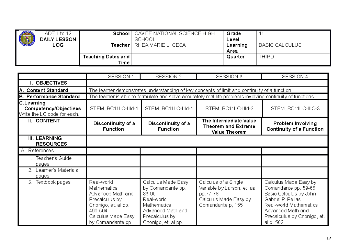 Calculus DLL WEEK 4 - ADE 1 to 12 DAILY LESSON LOG School CAVITE ...