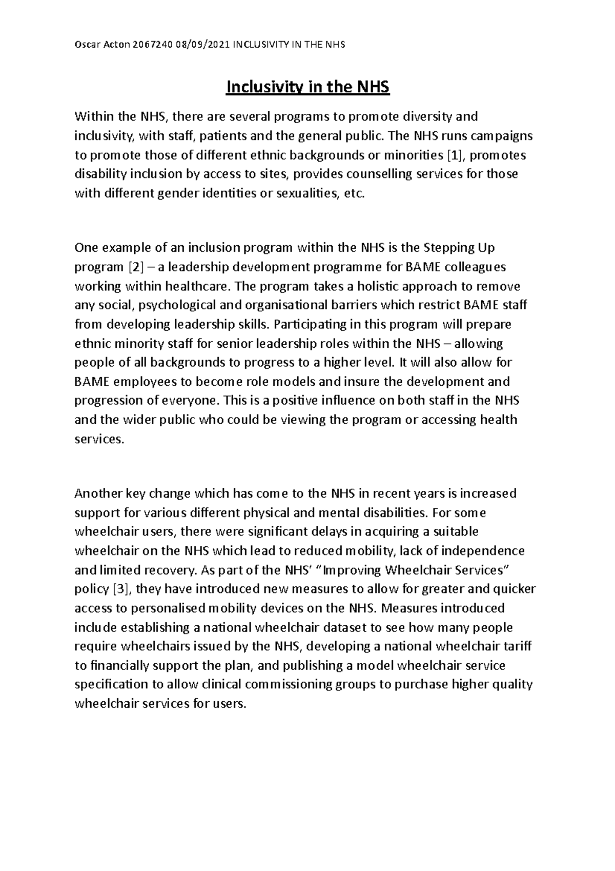 Inclusivity in the NHS - Oscar Acton 2067240 08/09/2021 INCLUSIVITY IN ...