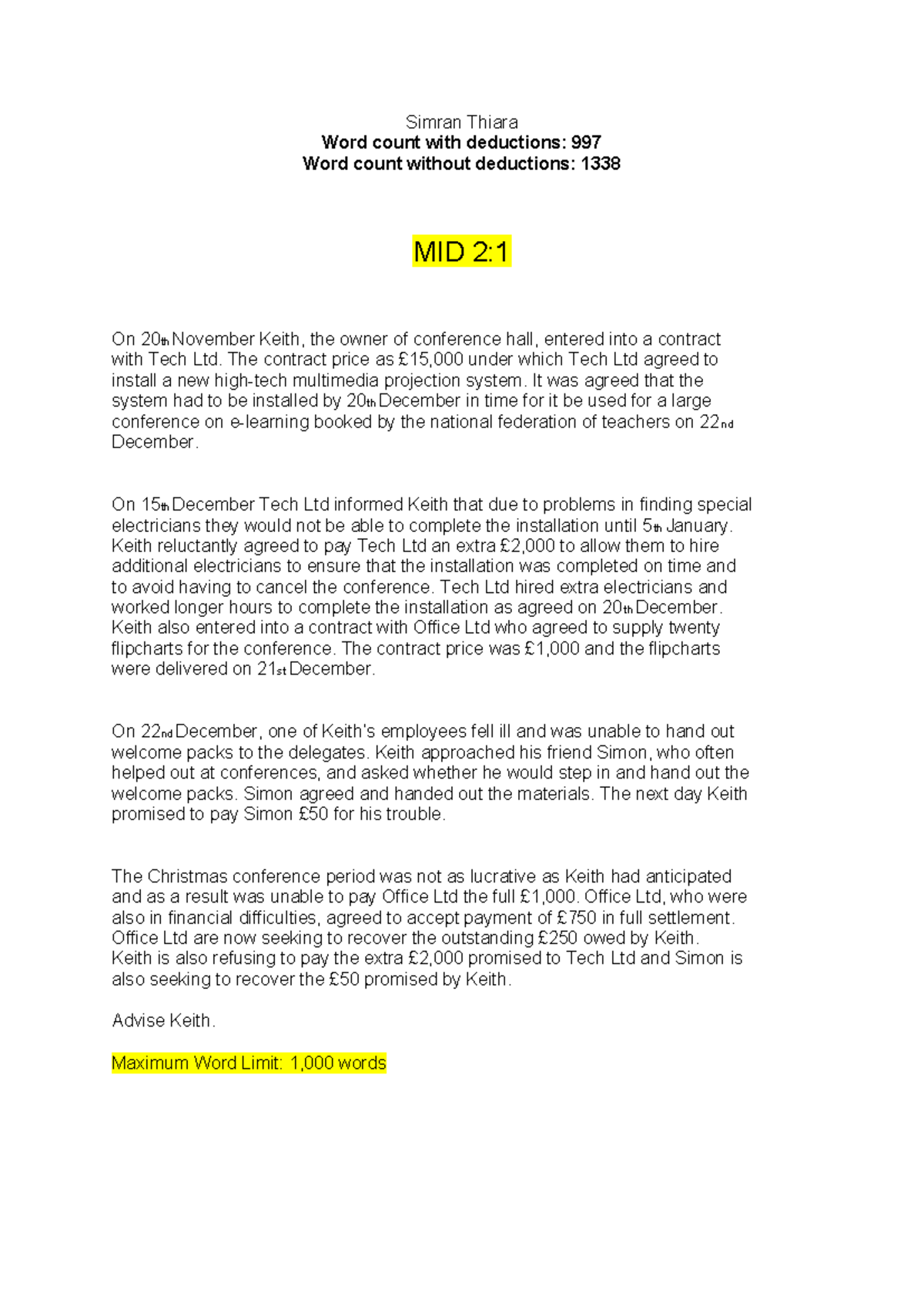 Contract law practice - n/a - Simran Thiara Word count with deductions ...