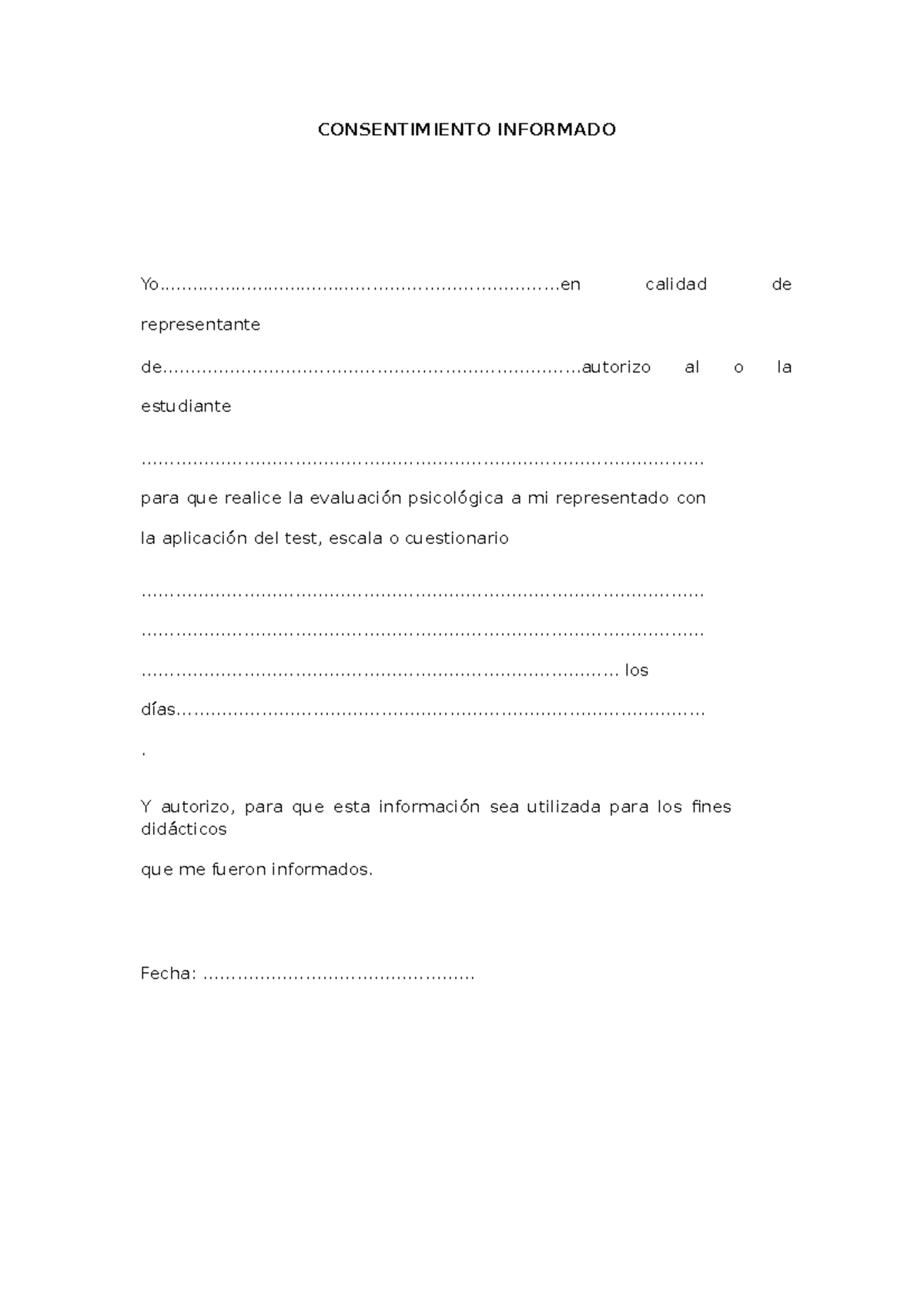 Consentimiento Informado - CONSENTIMIENTO INFORMADO - Studocu