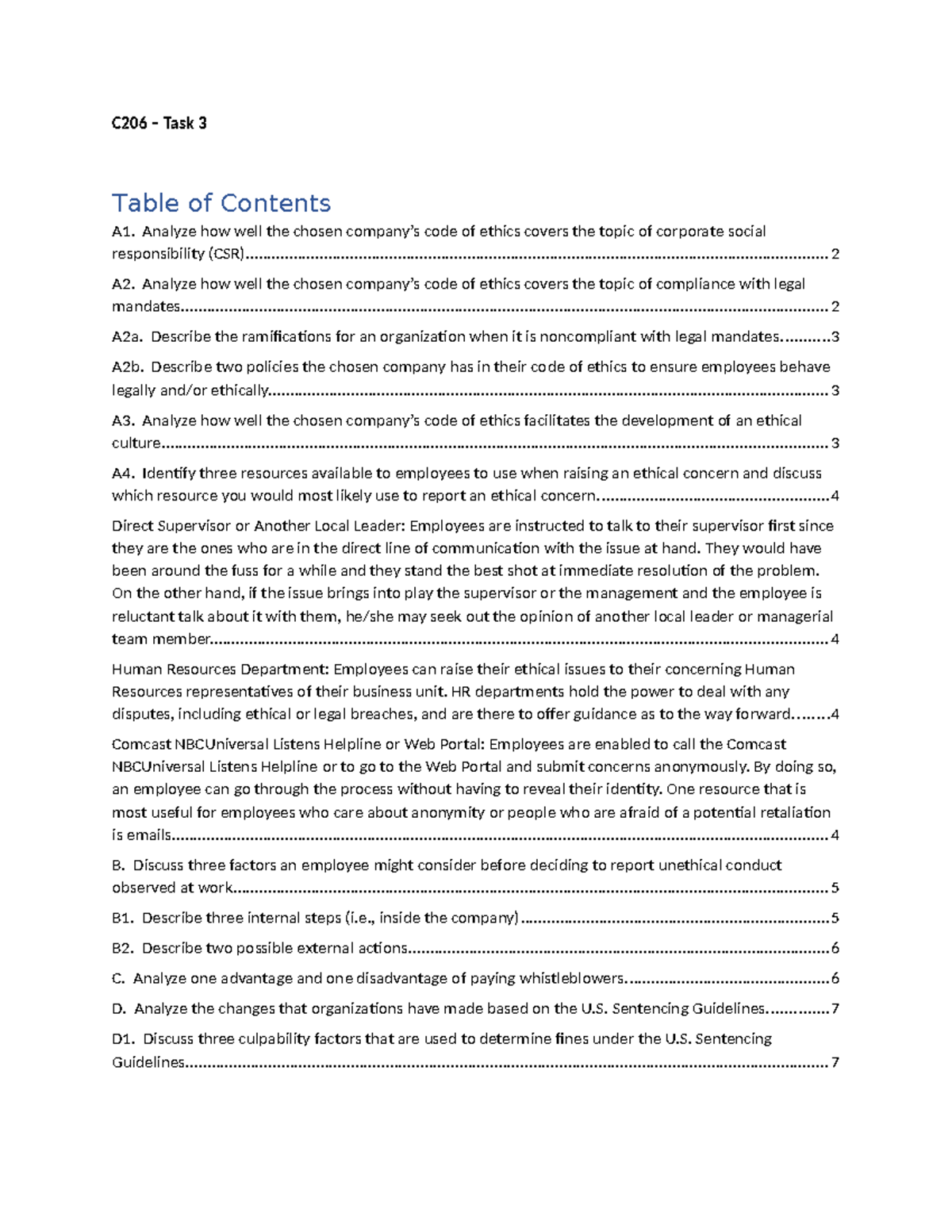 C206 Task 3 passed - C206 – Task 3 Table of Contents A1. Analyze how well the chosen company’s ...
