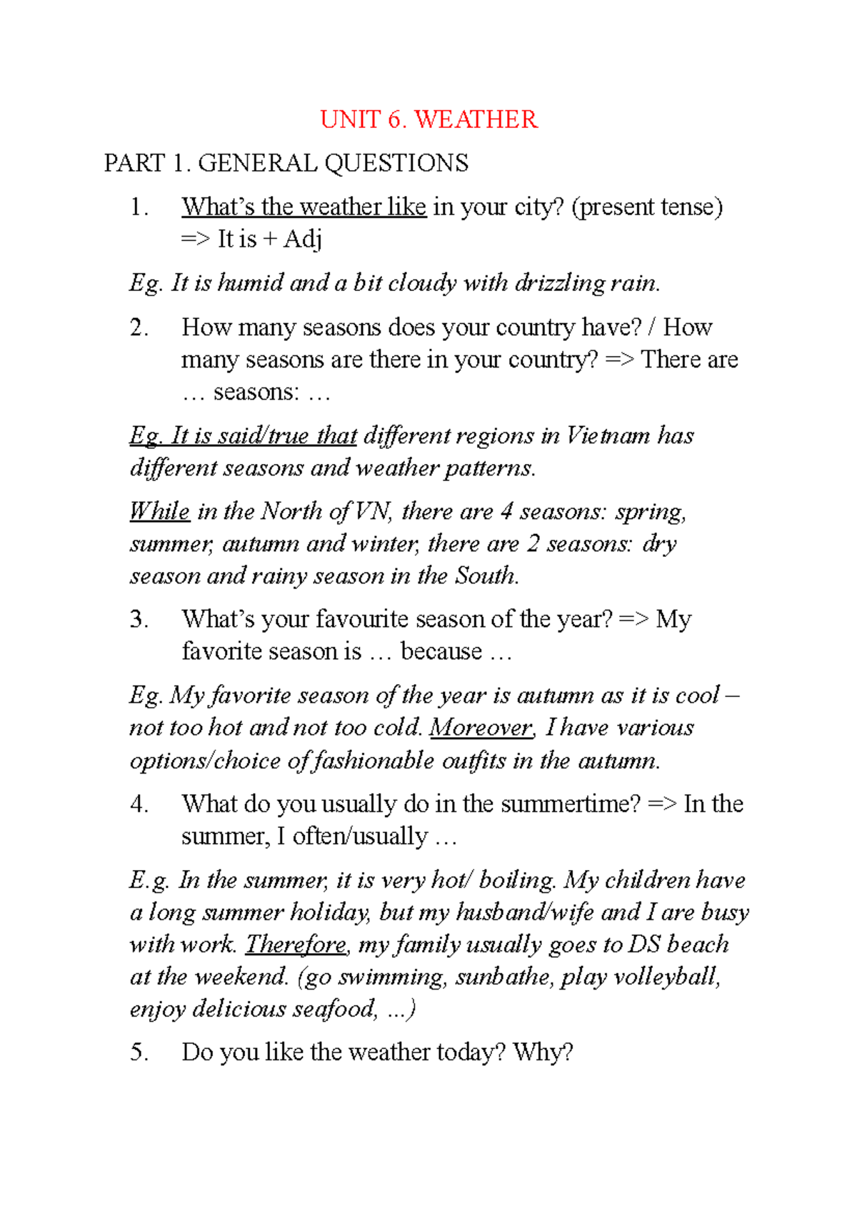 UNIT 6 notes - Triết học Mác-Lênin - UNIT 6. WEATHER PART 1. GENERAL ...