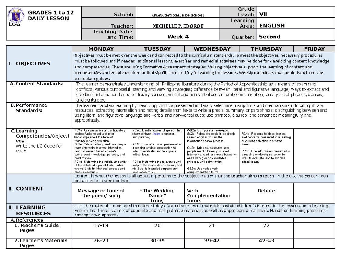 DLL 2nd-Quarter -wk4 - GRADES 1 to 12 DAILY LESSON LOG School: APLAYA ...