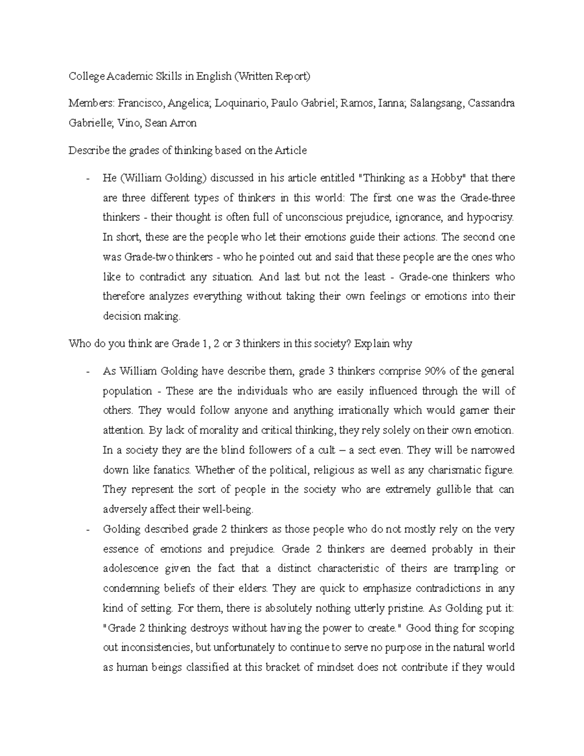 Written Report (Group Presentation) - College Academic Skills in ...