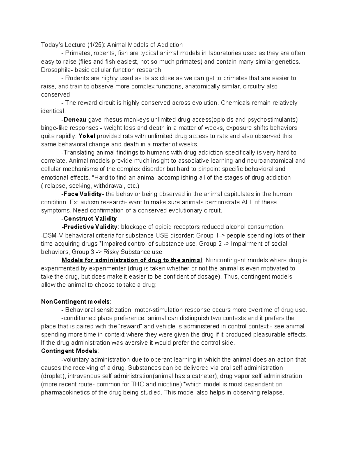 Drug Addiction Lecture 4 - Today’s Lecture (1/25): Animal Models of ...