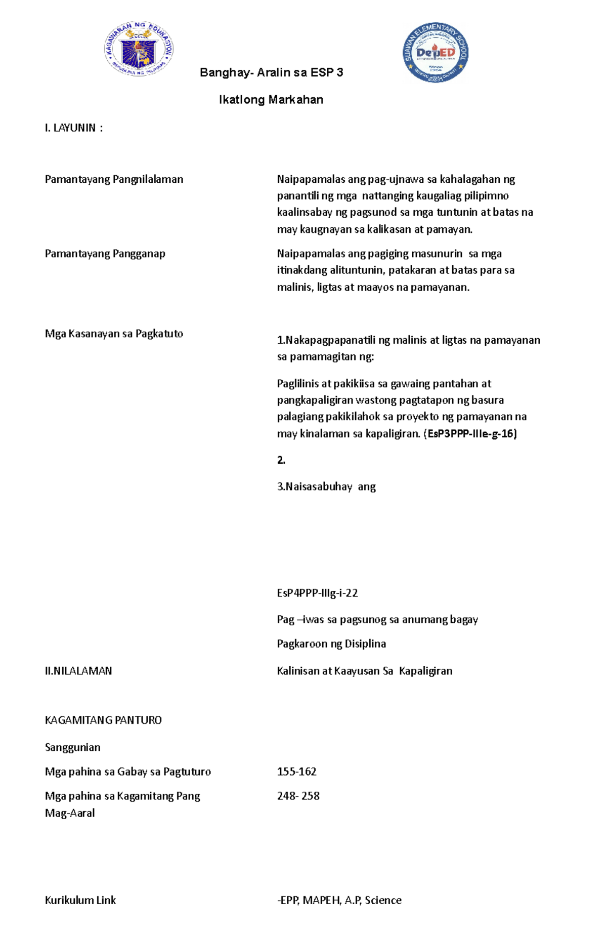 Co esp 2022 - classroom observation for esp - Banghay- Aralin sa ESP 3 ...