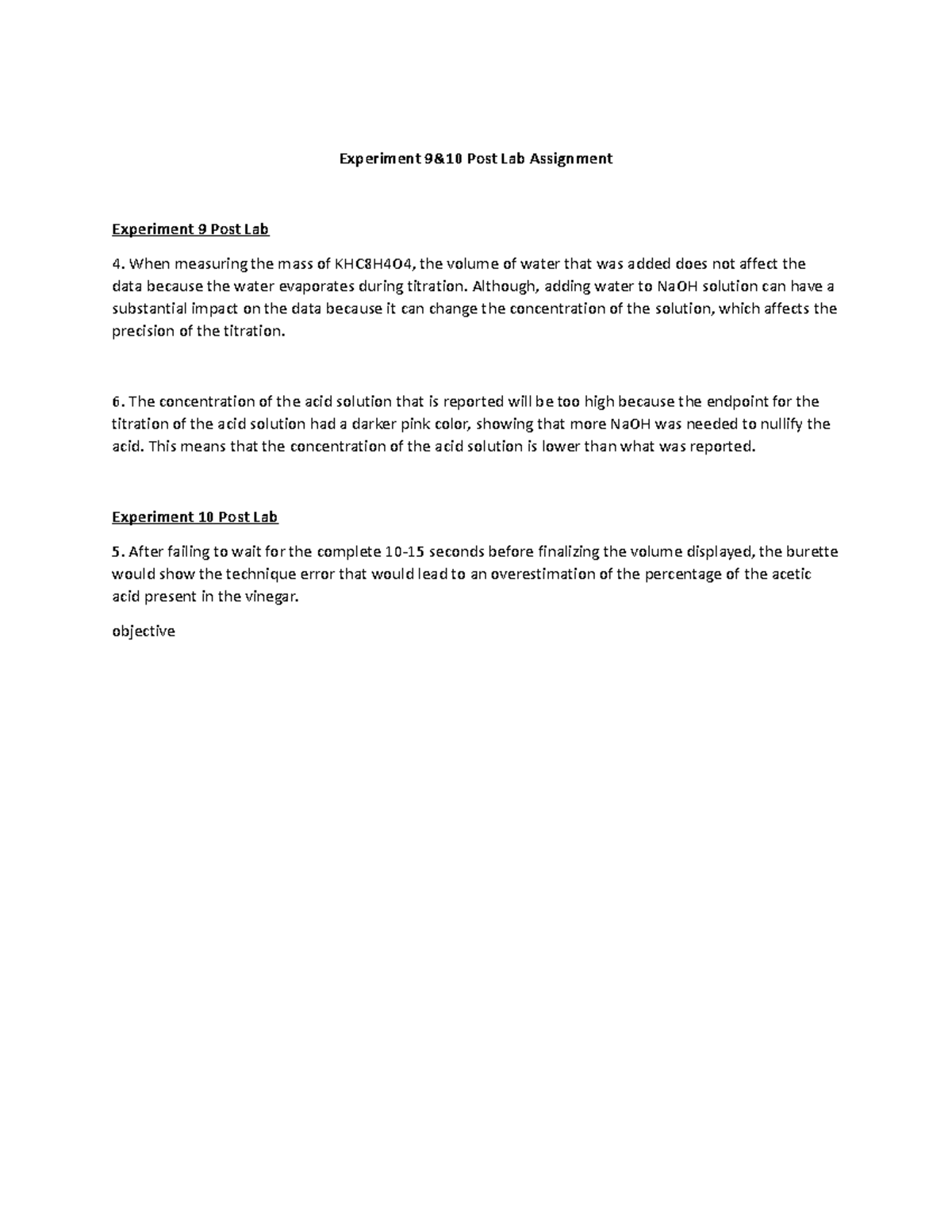 CHEM Experiment 9&10 - Experiment 9&10 Post Lab Assignment Experiment 9 ...