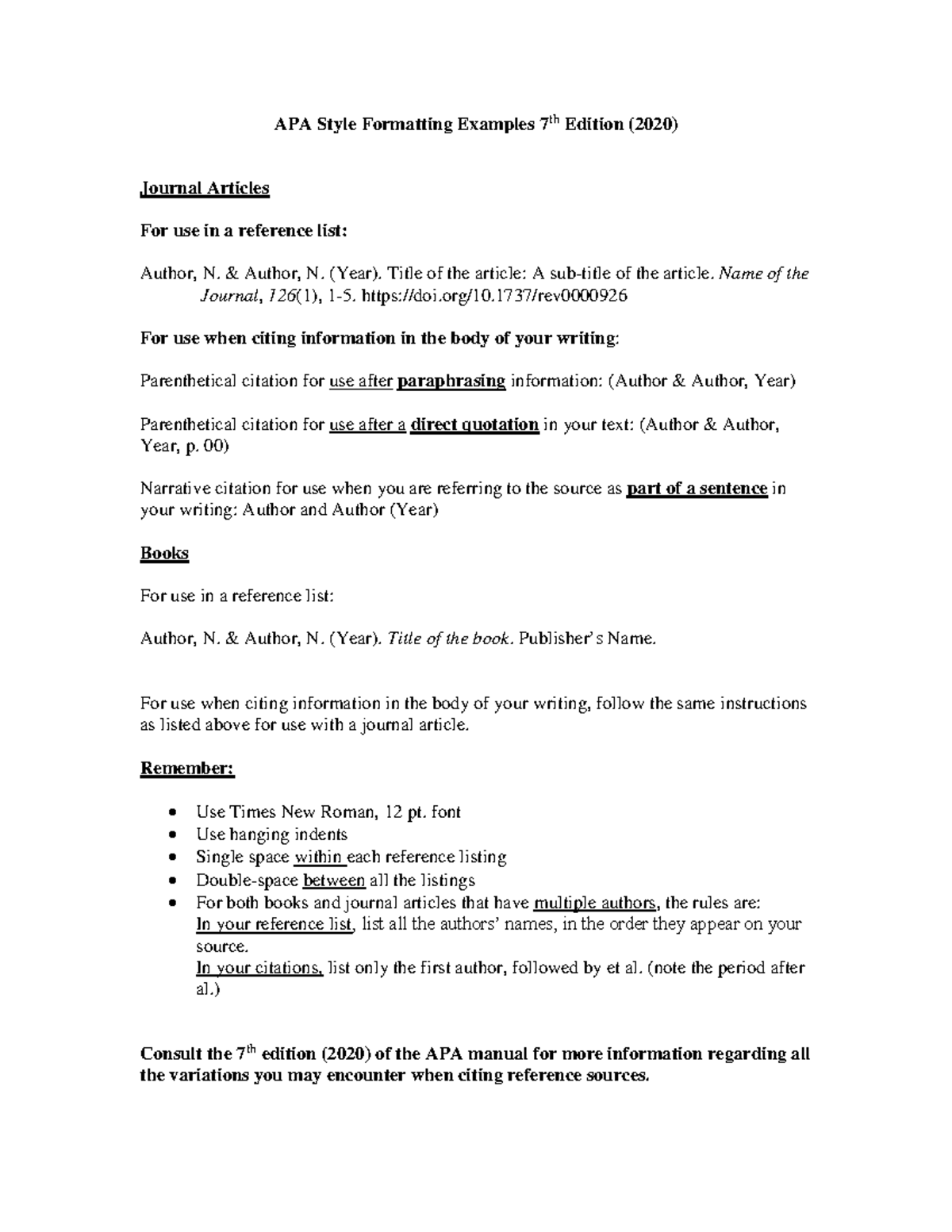 APA Example Handout - DSVDFV - APA Style Formatting Examples 7th ...