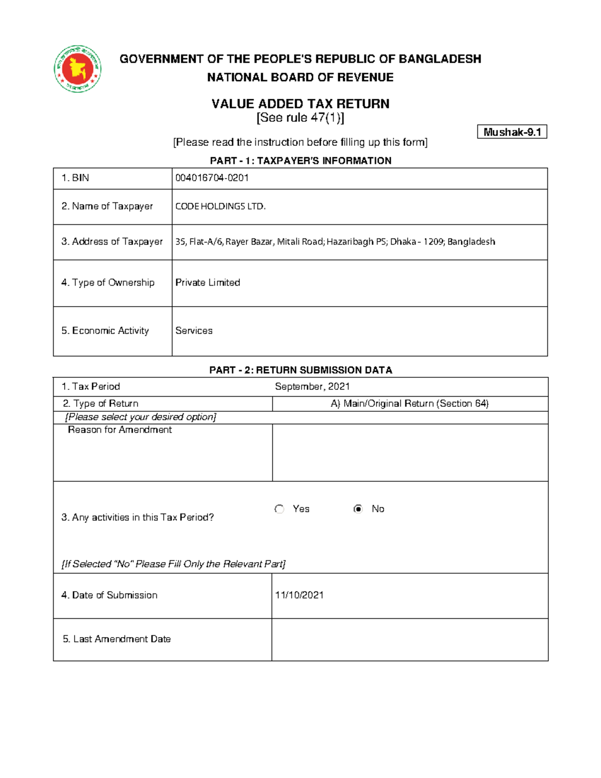 Mushak-9.1 VAT Return On 11 - GOVERNMENT OF THE PEOPLE'S REPUBLIC OF ...