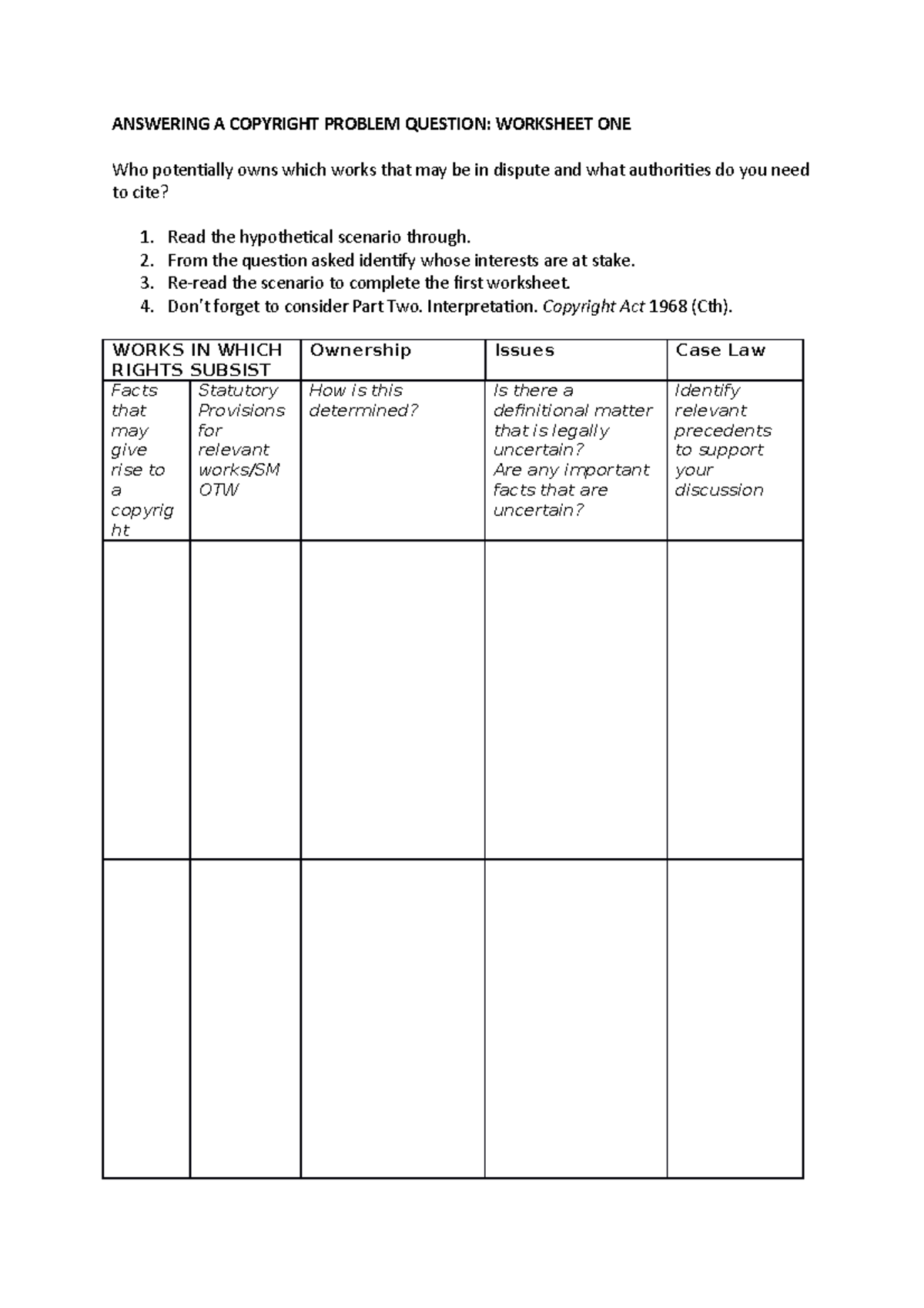 Answering a Hypothetical- Worksheets - ANSWERING A COPYRIGHT PROBLEM ...