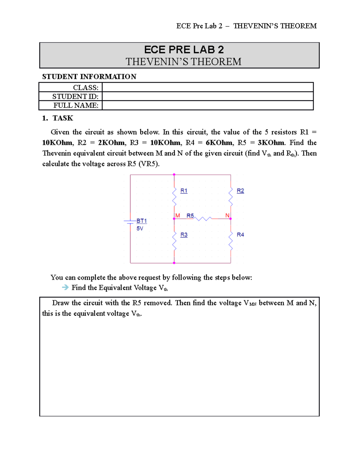 1 ECE Pre Lab 2 - pre lab ece - TT03 ECE Pre Lab 2 T03– THEVENIN’S THEOREM ECE PRE LAB 2 ...