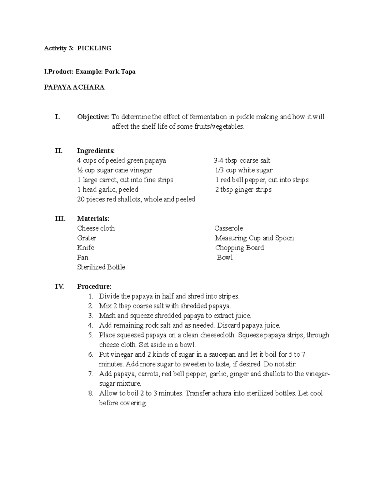Activity-3 Pickling - Activity 3: PICKLING I: Example: Pork Tapa PAPAYA ...