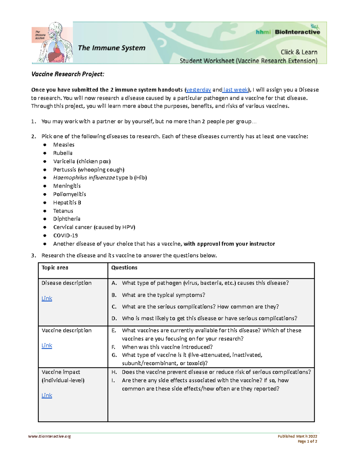 Copy of Student Worksheet - Vaccine Research Extension - Vaccine ...