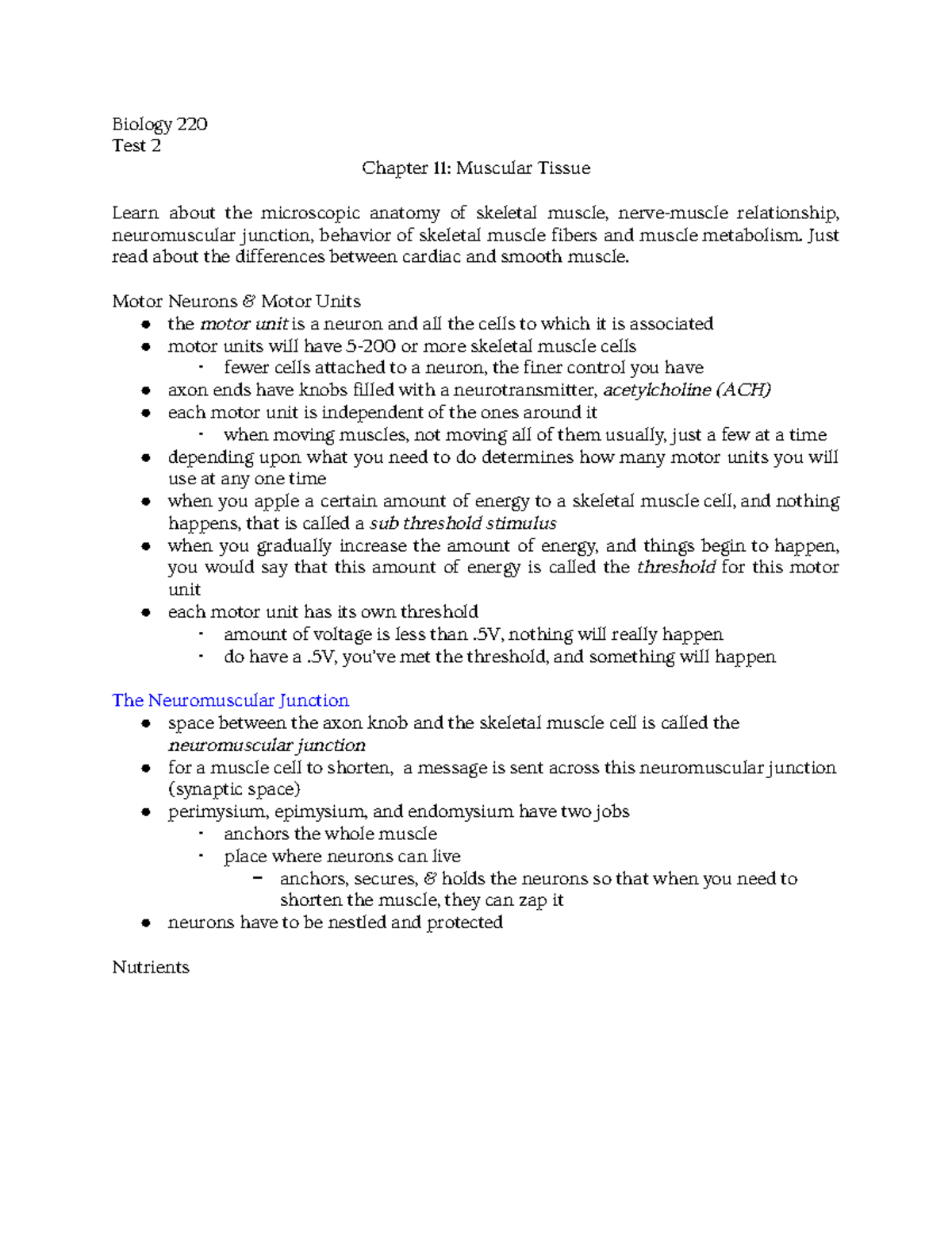 notes for chapter 11 - Biology 220 Test 2 Chapter 11: Muscular Tissue ...