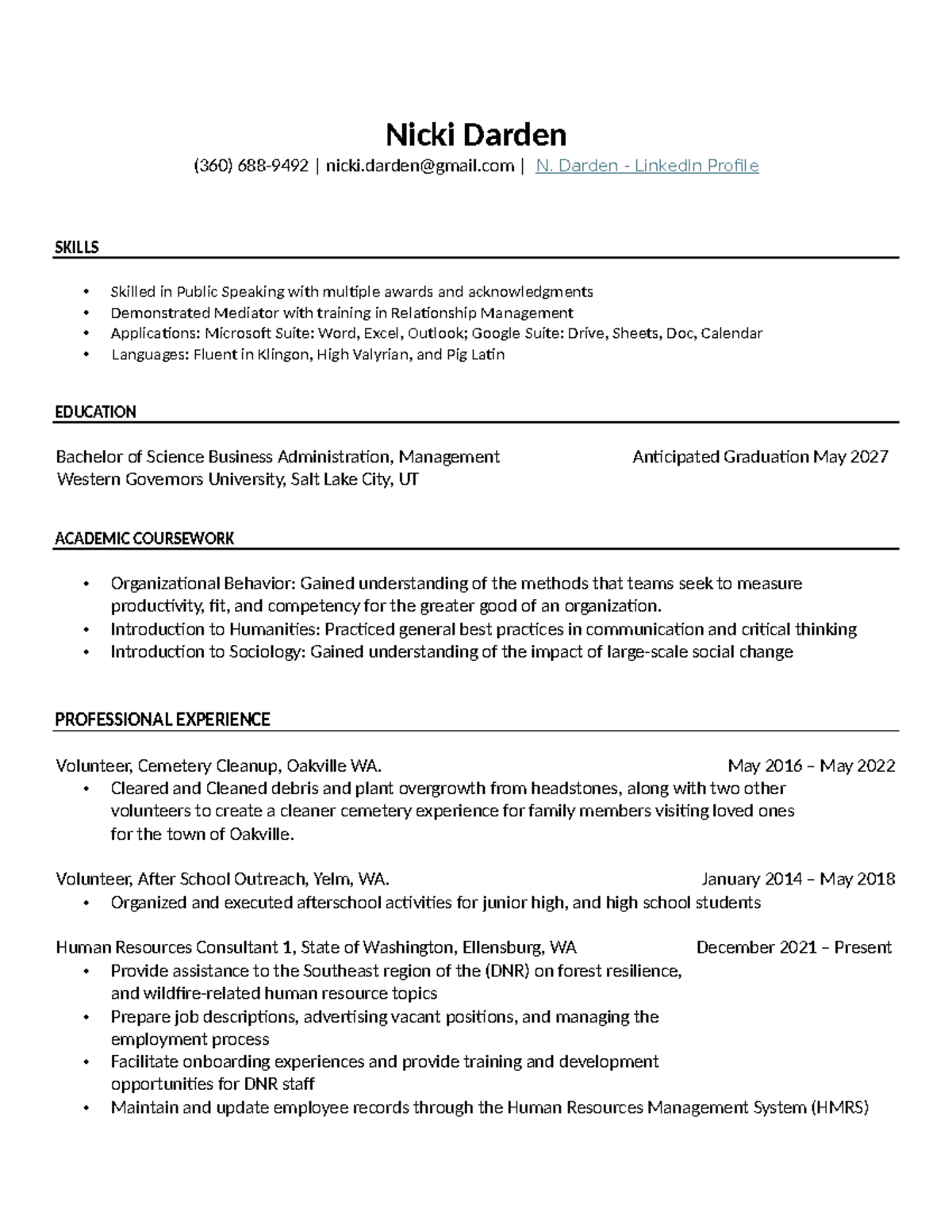 Task 2 - Resume - Nicki Darden (360) 688-9492 | nicki@gmail | N. Darden ...
