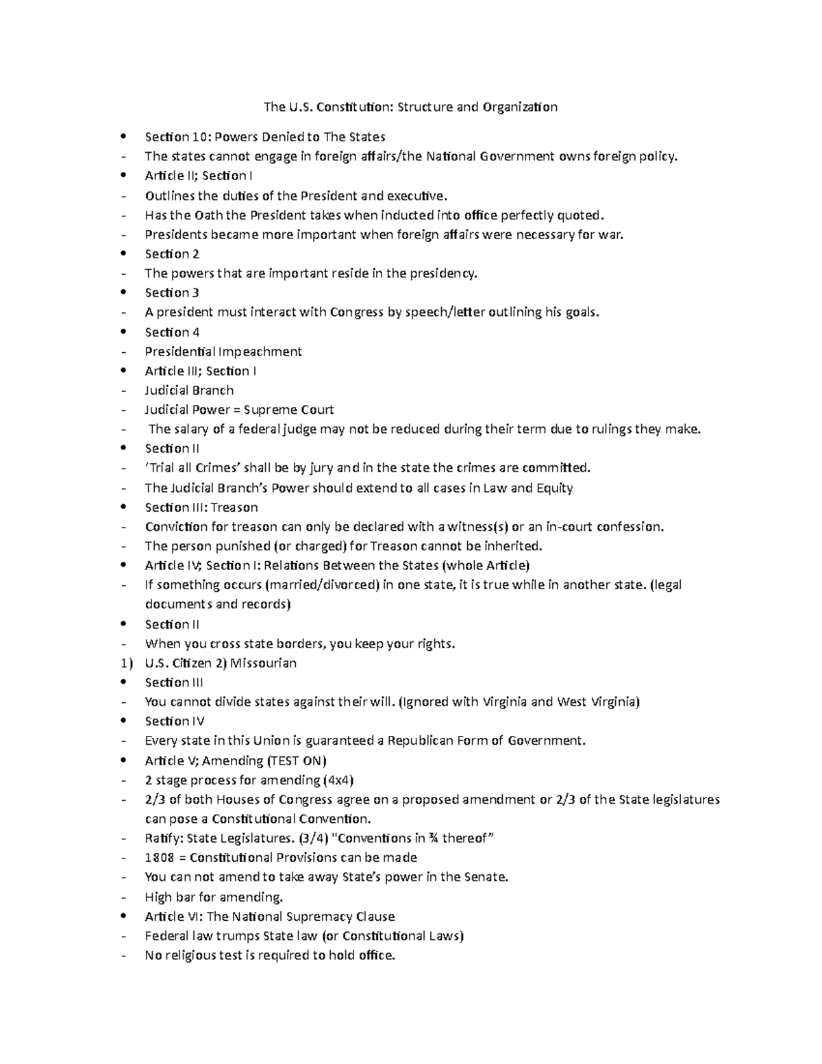 Poli Sci 1000 Sept 2 Lecture Notes - The U. Constitution: Structure and ...