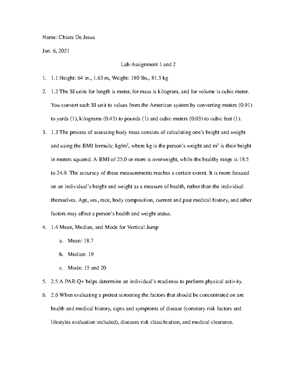 Lab Assignment 1 2 Lab For Exercise Physiology Name Chiara De