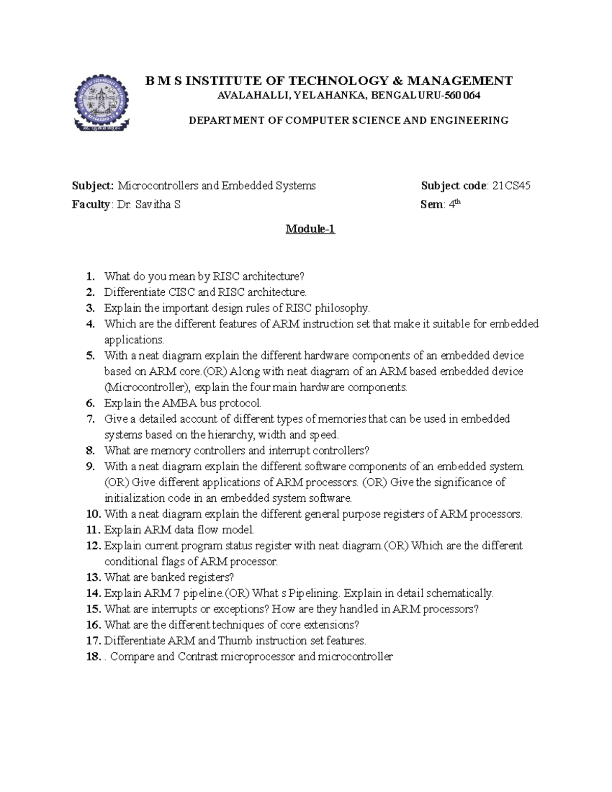 Module Wise Question Bank B M S Institute Of Technology And Management Avalahalli Yelahanka