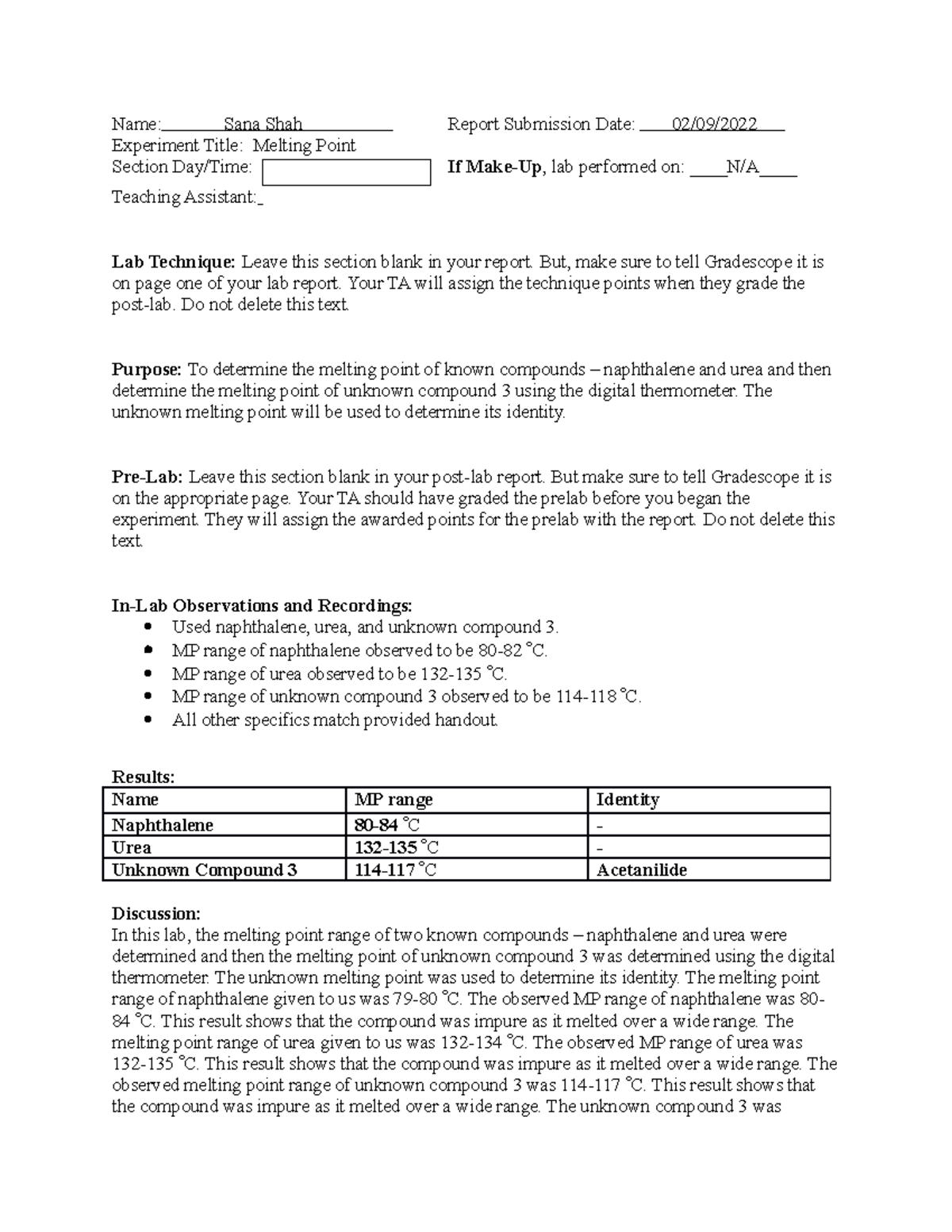 Lab report 1 Chem269 - Name: Sana Shah Report Submission Date: 02/09 ...