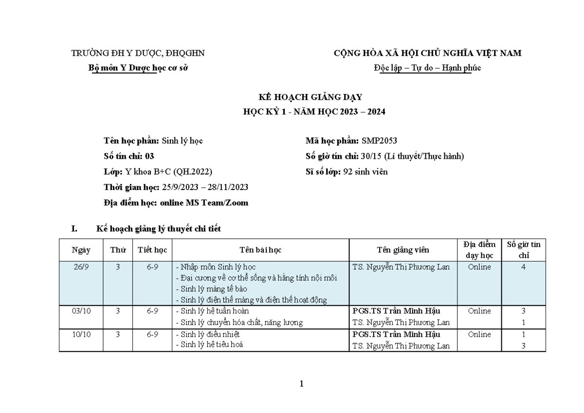 YBC - Kế hoạch giảng dạy 2023-2024 - KẾ HOẠCH GIẢNG DẠY HỌC KỲ 1 - NĂM HỌC 20 23 – 2024 Tên học ...