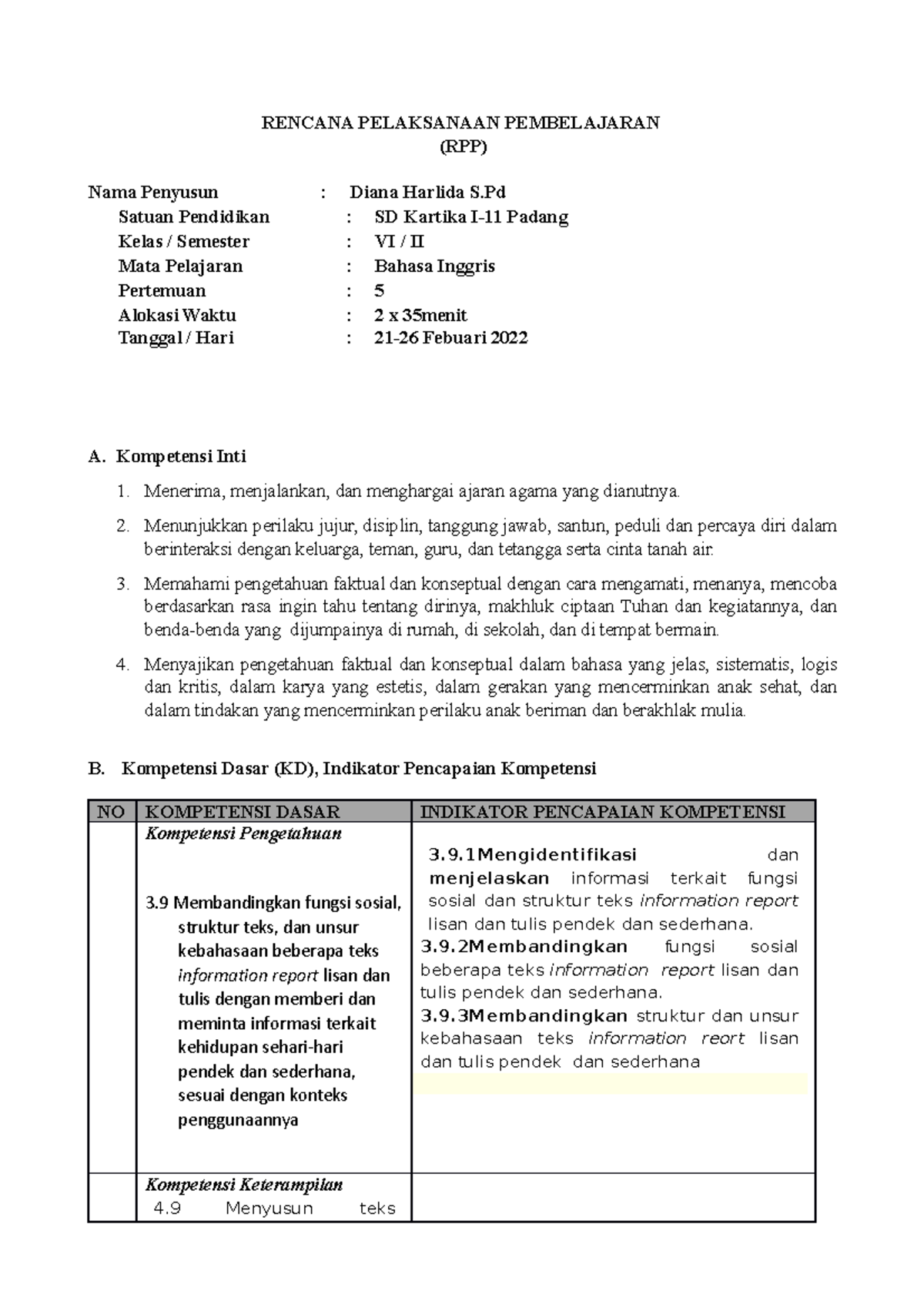 RPP Body - Rpp about part of body - RENCANA PELAKSANAAN PEMBELAJARAN ...