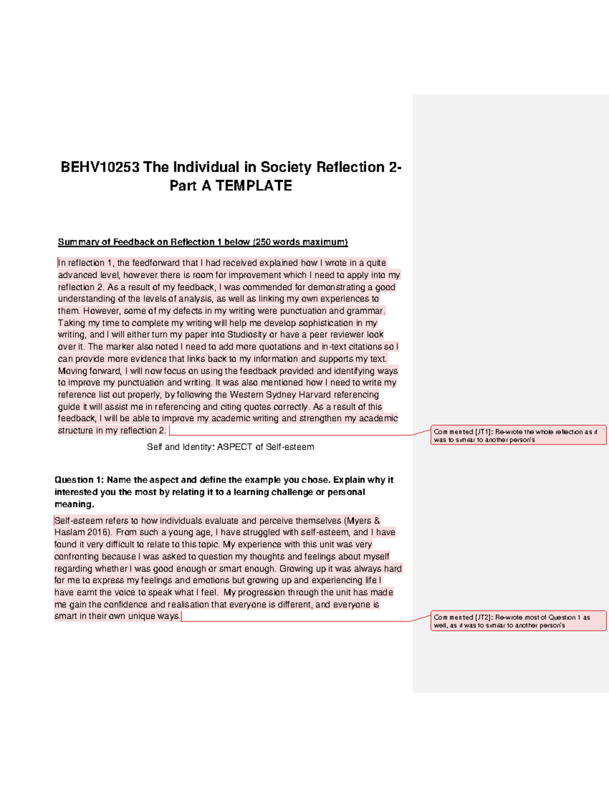 Reflection 2A Resubmission - BEHV10253 The Individual in Society ...