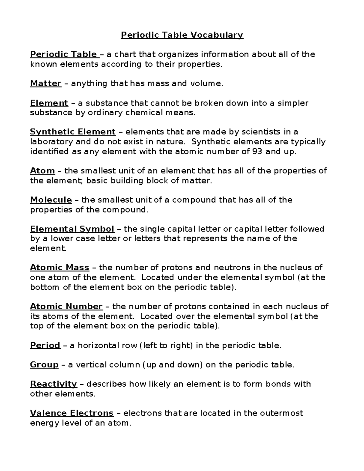 Periodic Table Vocabulary 14Nov11 - Periodic Table Vocabulary Periodic ...