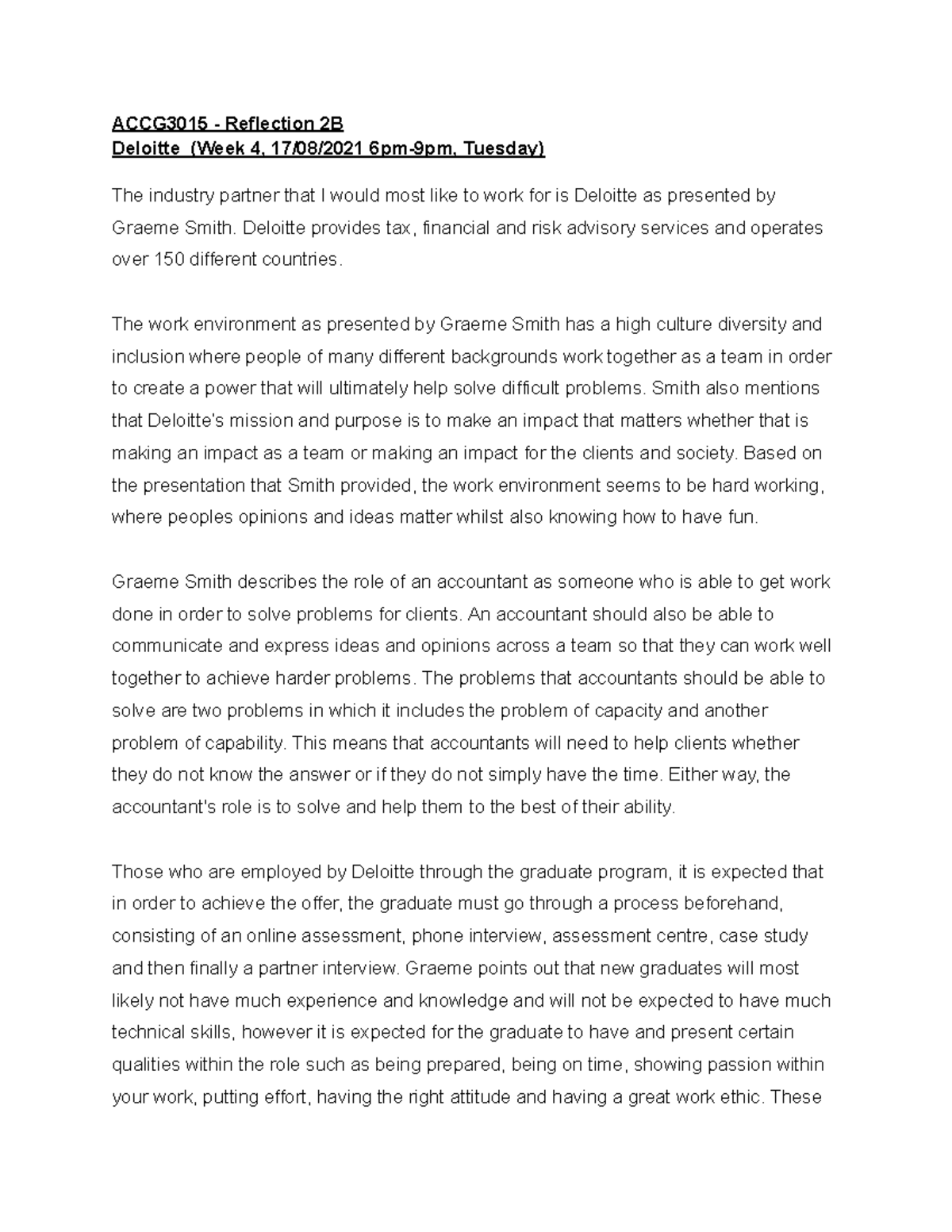 ACCG3015 - Reflection 2B, Deloitte week4 - Deloitte provides tax ...