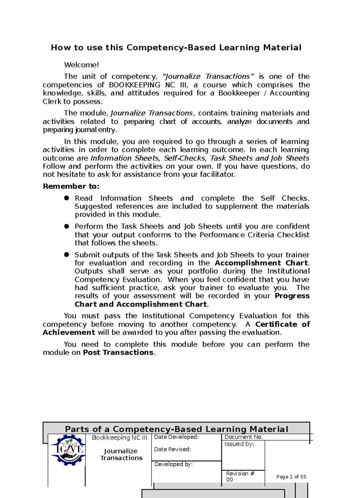 CBLM Journalize - bookkeeping - How to use this Competency-Based ...