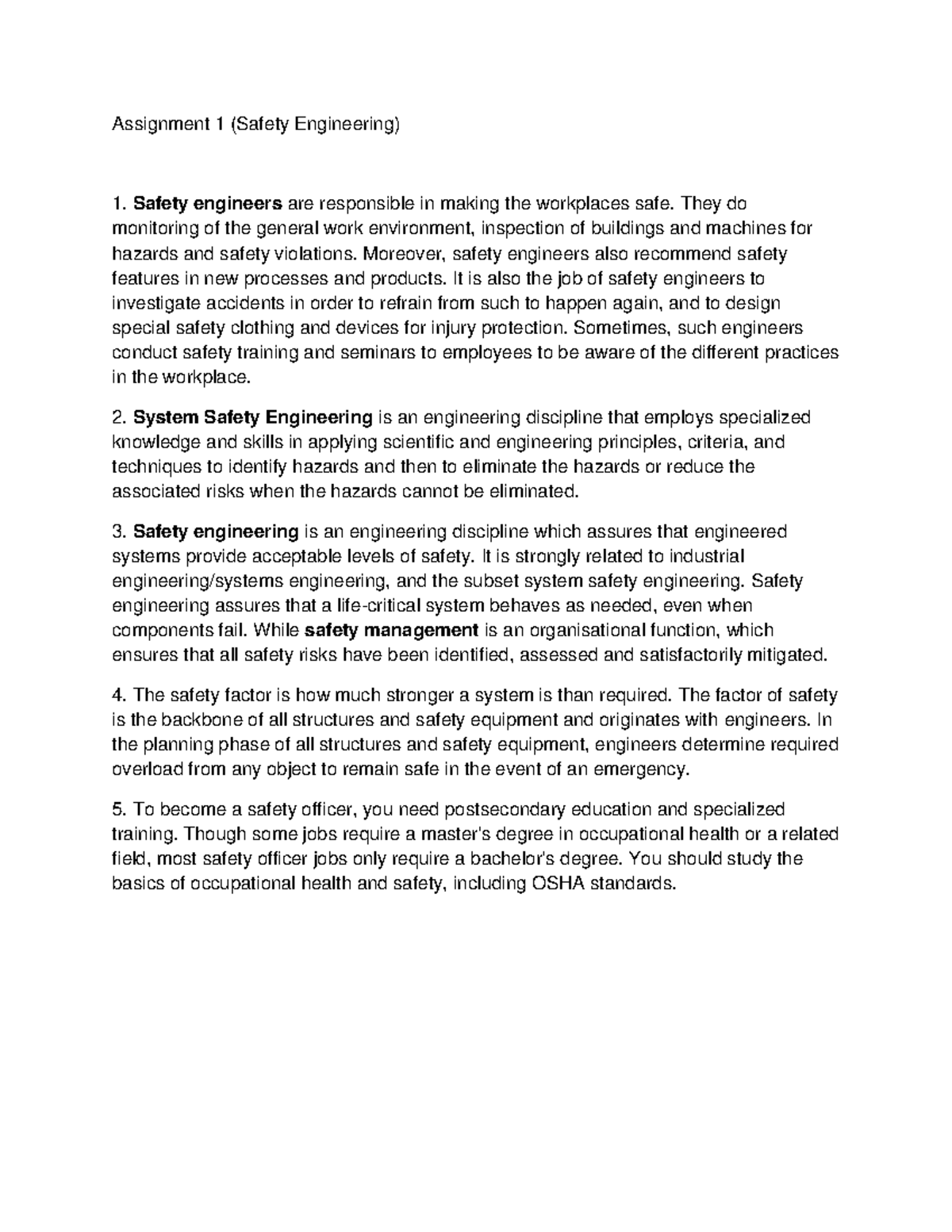 Safety Engineering Assignment 1 - Assignment 1 (Safety Engineering ...