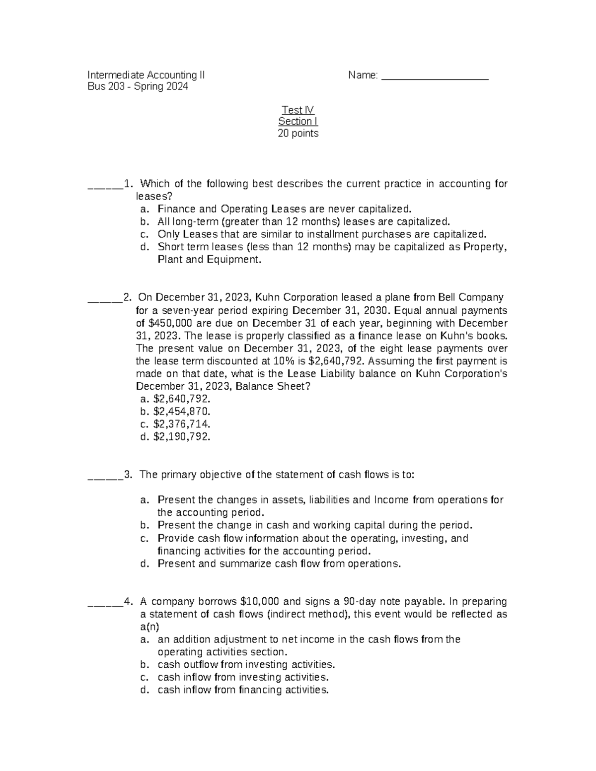INT2- Test 4 2024 Take Home - Intermediate Accounting II Name: Bus 203 ...