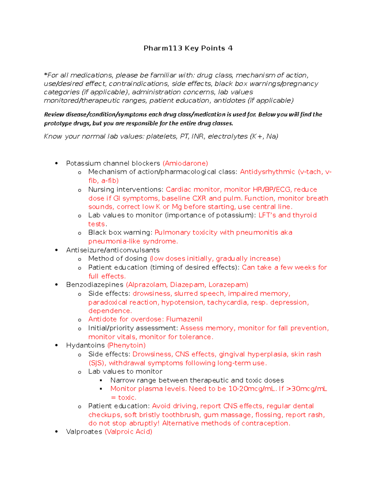 Pharm Key Points 4 - Pharm113 Key Points 4 *For all medications, please ...