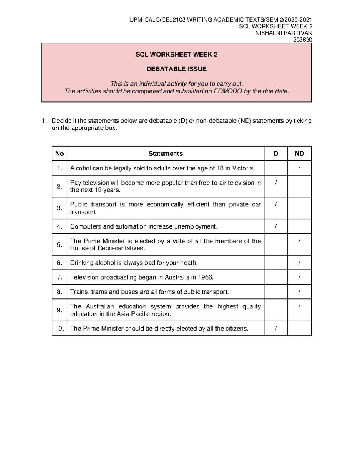 CEL2103 SCL Worksheet WEEK 2 - Debatable Issue - UPM-CALC/CEL2103 ...
