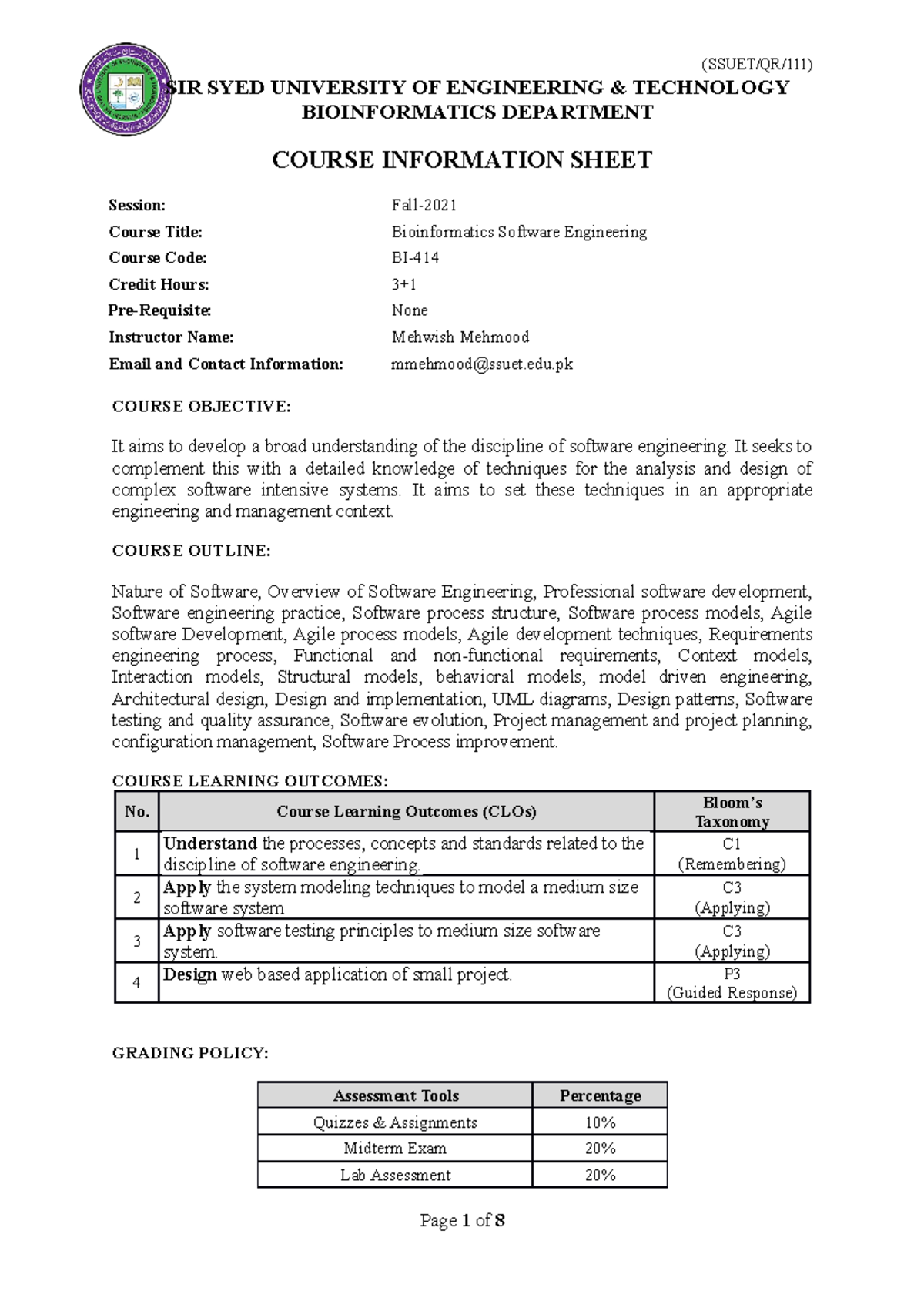 course information sheet BSE FAll 2021 - Software Project Management ...