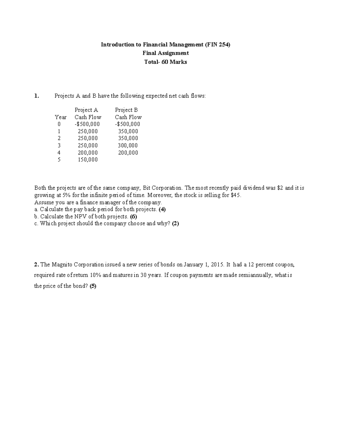 FIN254 Final Sring'21 - Introduction to Financial Management (FIN 254 ...