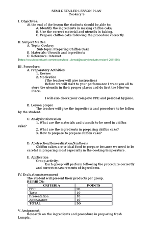 1 SEMI- Detailed Lesson Plans IN Bread AND Pastry - SEMI-DETAILED ...