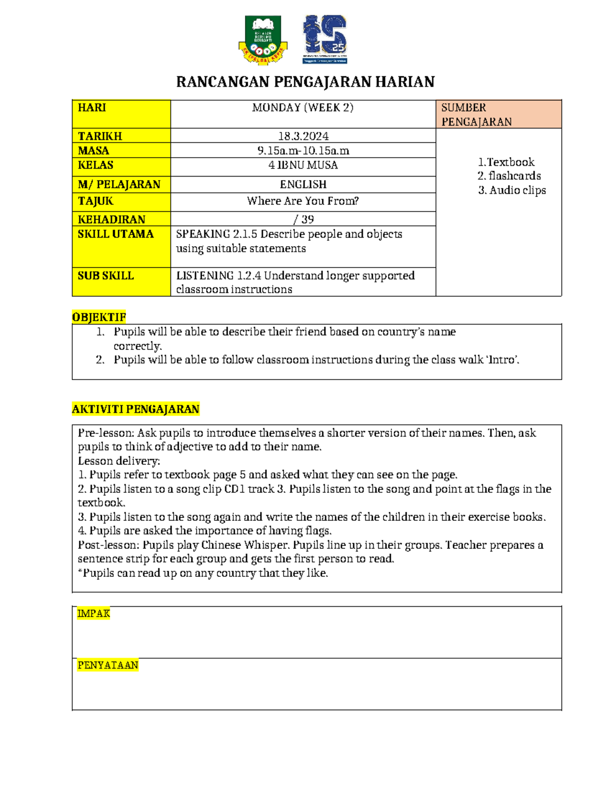 M2 - example of english lesson plan - RANCANGAN PENGAJARAN HARIAN HARI ...