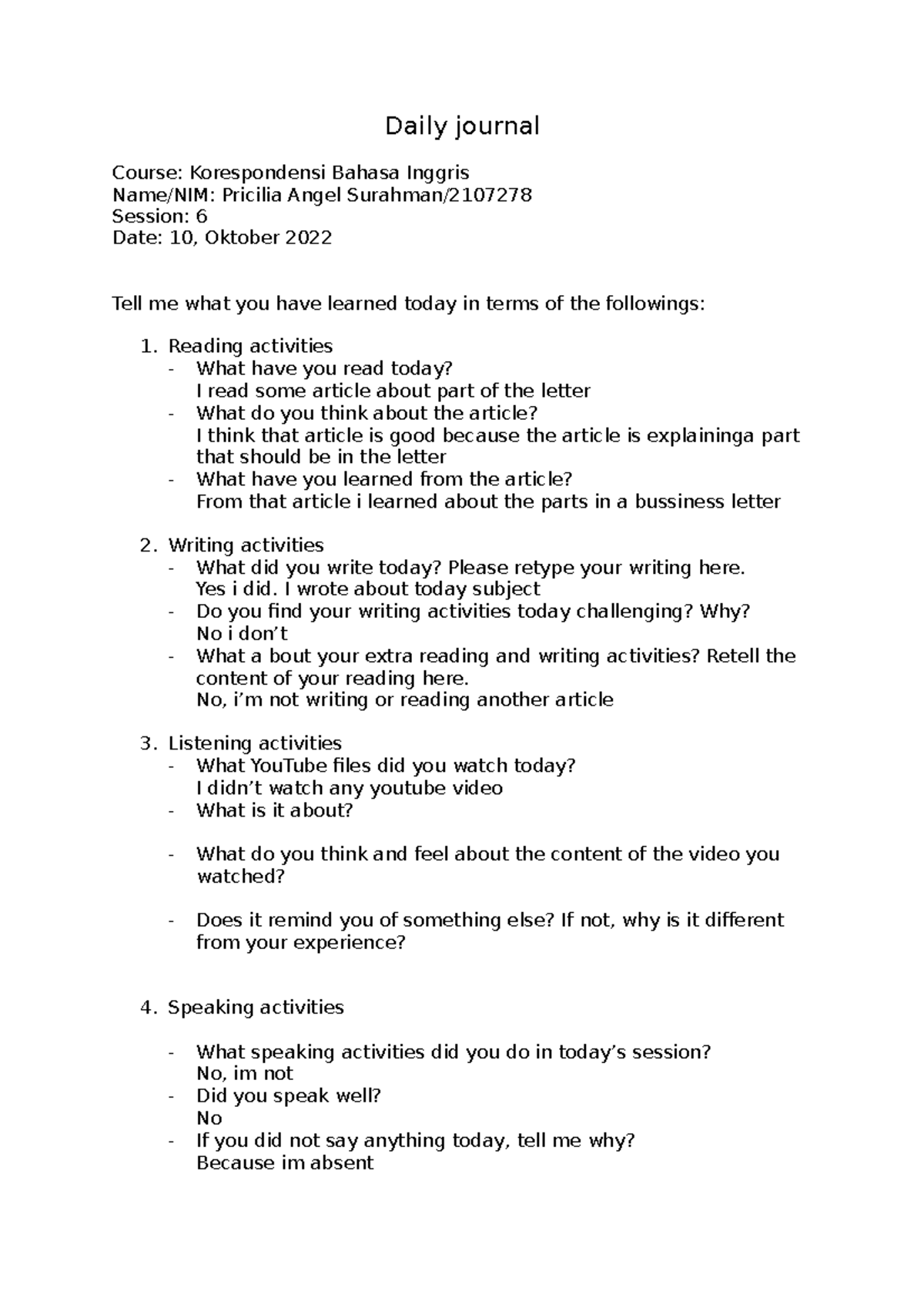 Daily journal at English Course to reflect student's understanding ...