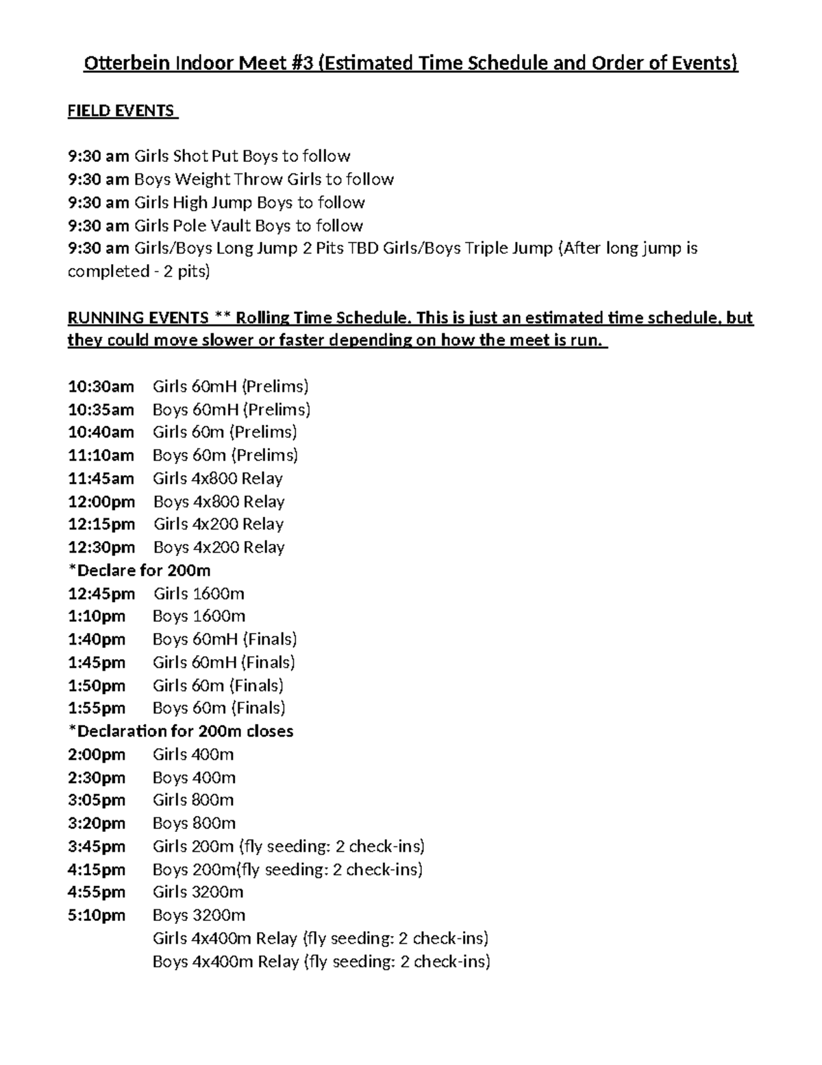 Otterbein Indoor 3 Estimated Time Schedule - Otterbein Indoor Meet #3 ...