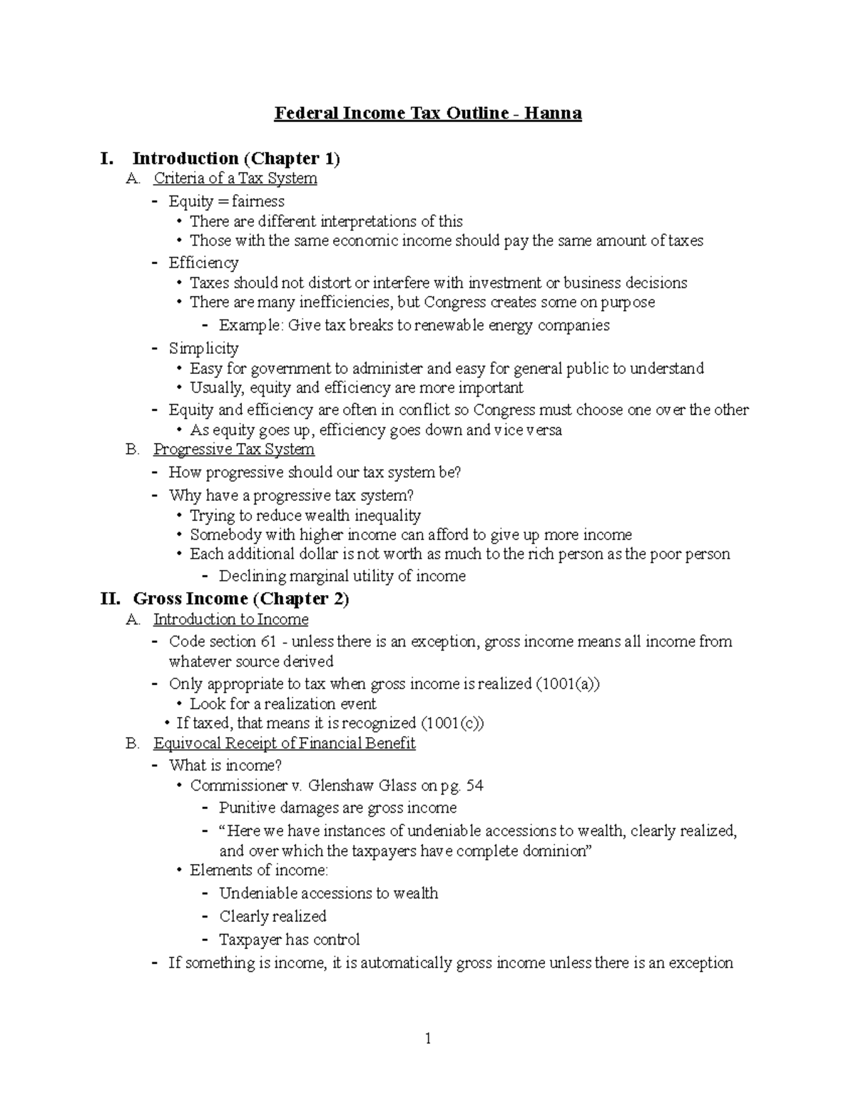 Income Tax Outline - Introduction (Chapter 1) A. Criteria of a Tax ...