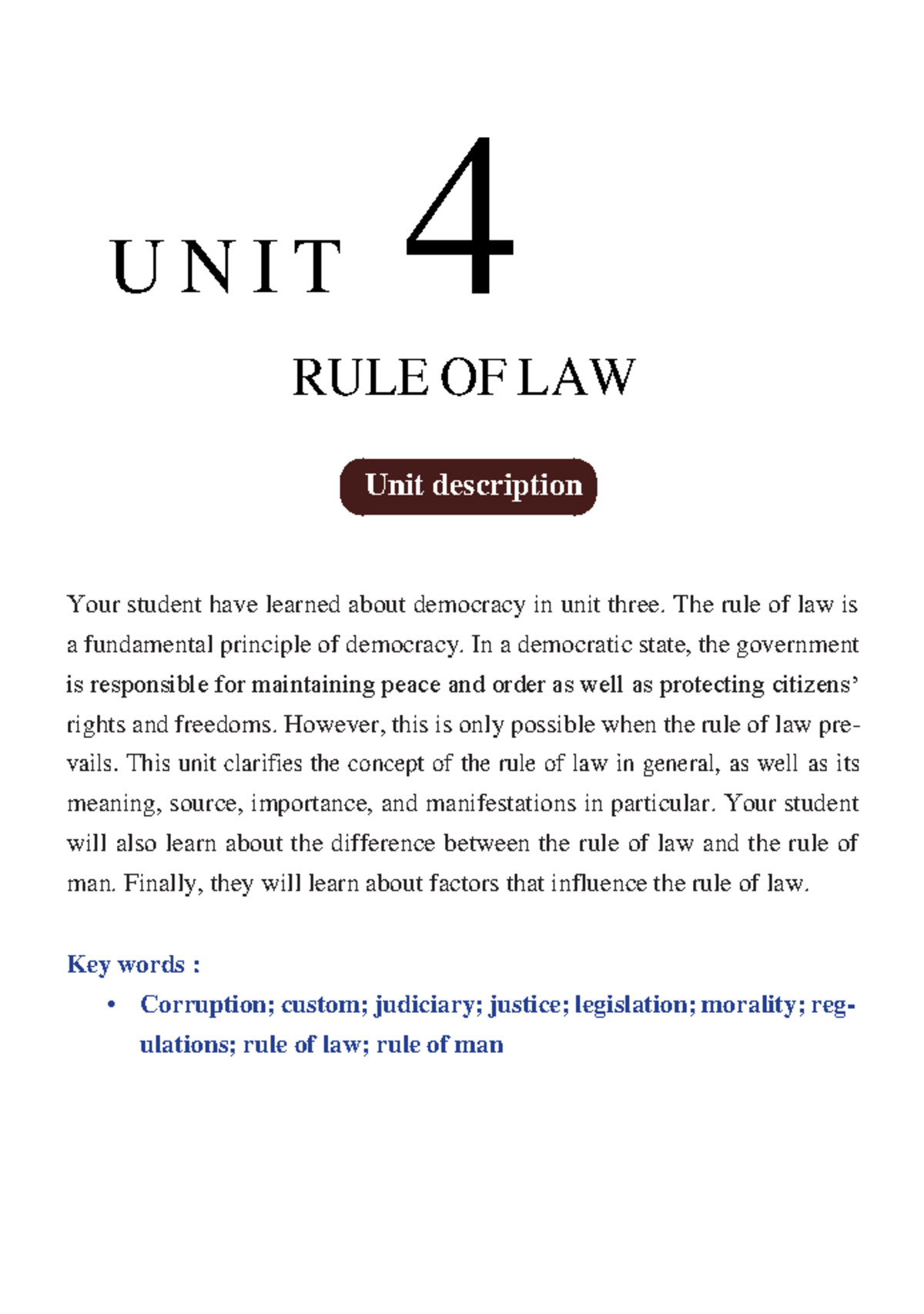 Citizenship gra 7 TG U N I T4 - U N I T 4 RULE OF LAW Your student have ...