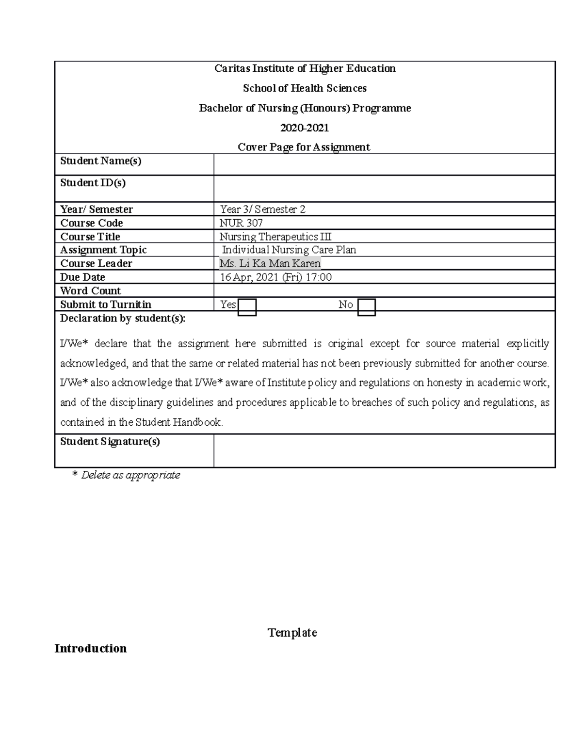 Care plan table template - Caritas Institute of Higher Education School ...