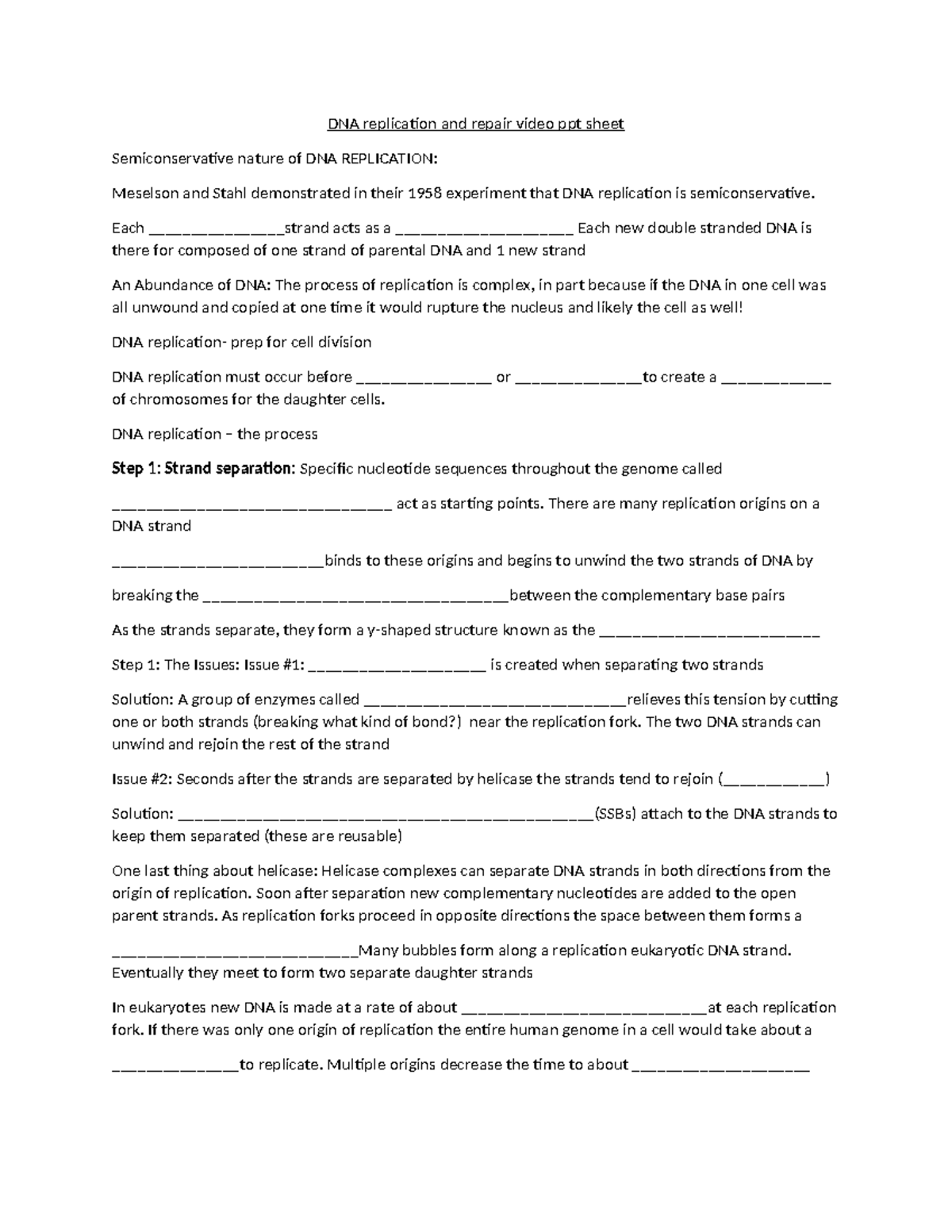 DNA replication and repair video ppt sheet - DNA replication and repair ...