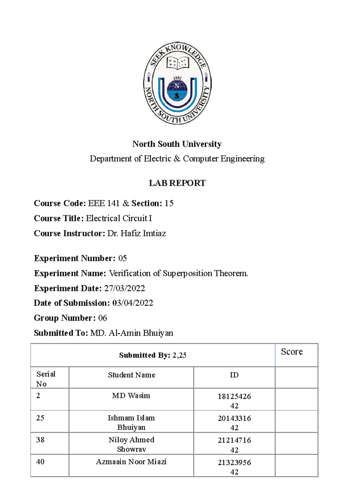 EEE141L-15 LAB-5 Group-6-Final - Fundamentals of Electric circuit - NSU - Studocu
