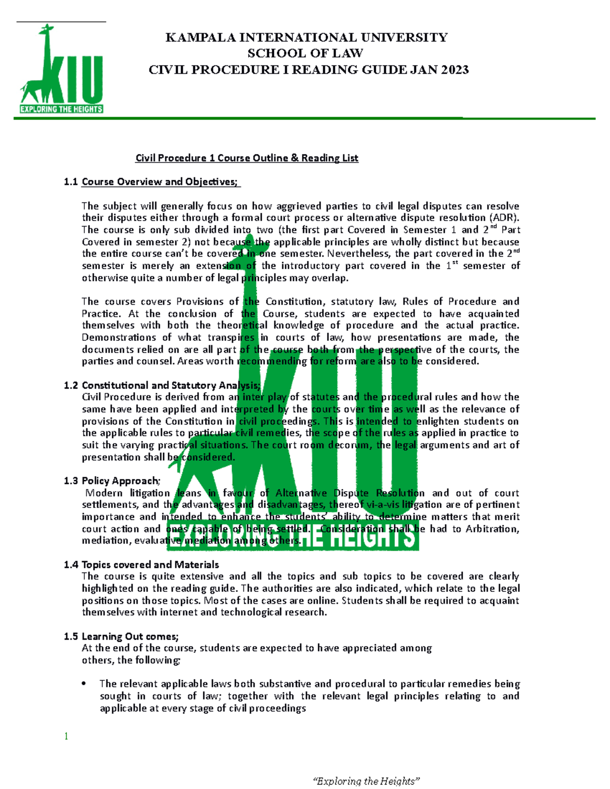 Civil Procedure I Reading LIST KIU JAN 2023 - Civil Procedure 1 Course ...
